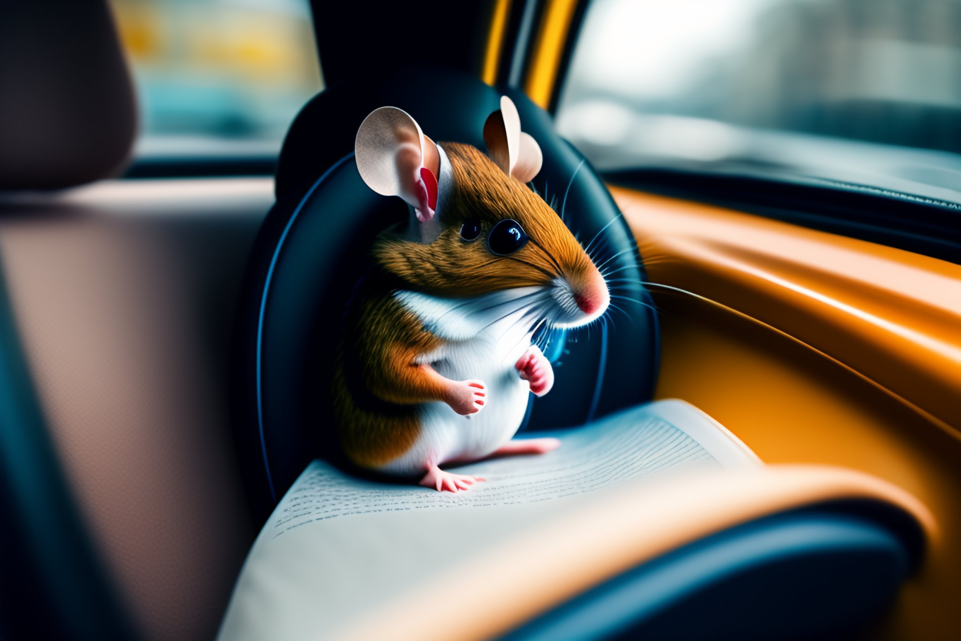 Lexica - Cute mouse, sitting alone, in the back seat of a Taxi, wearing ...