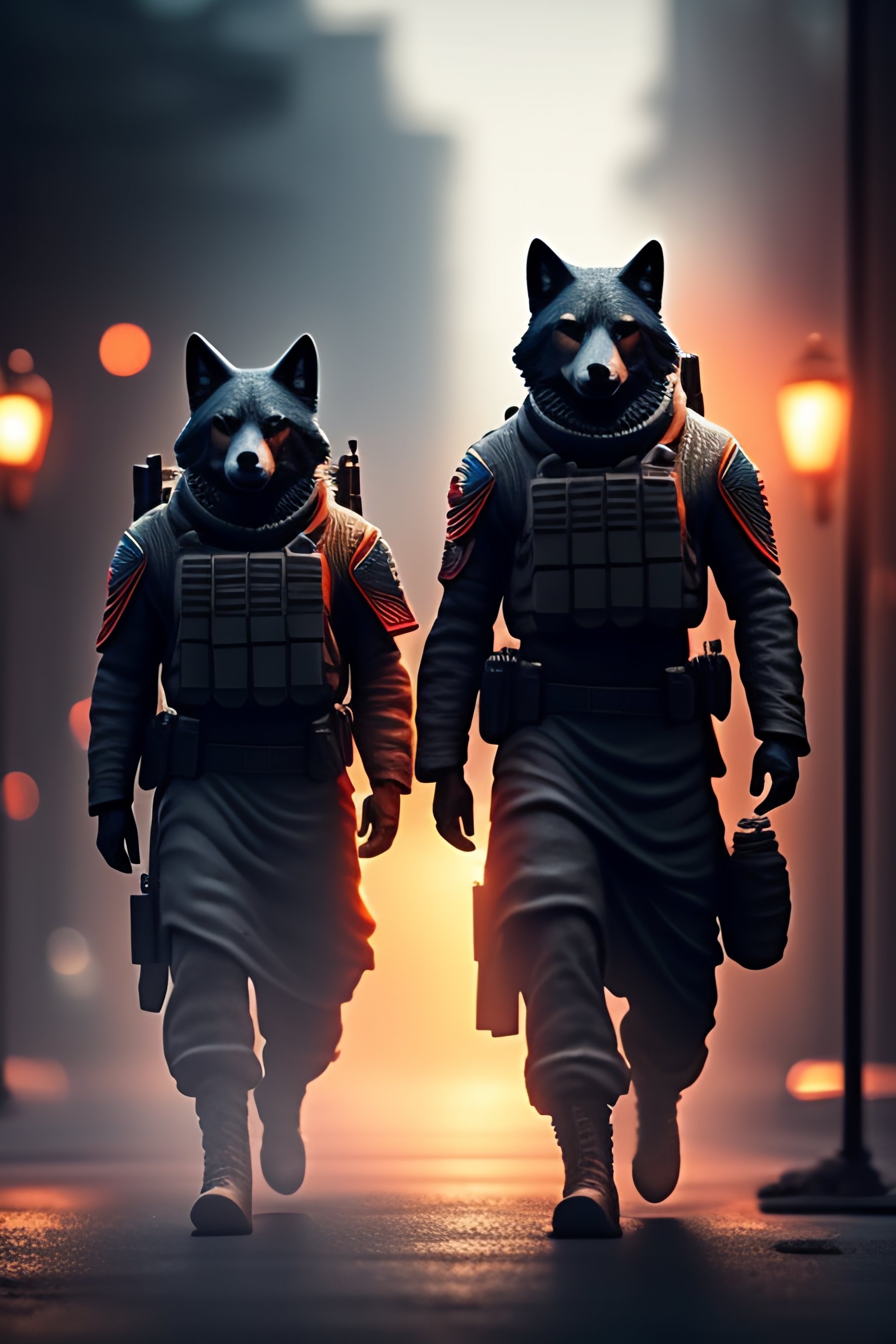 Lexica - A military alpha wolf with a machine gun walking with a double ...