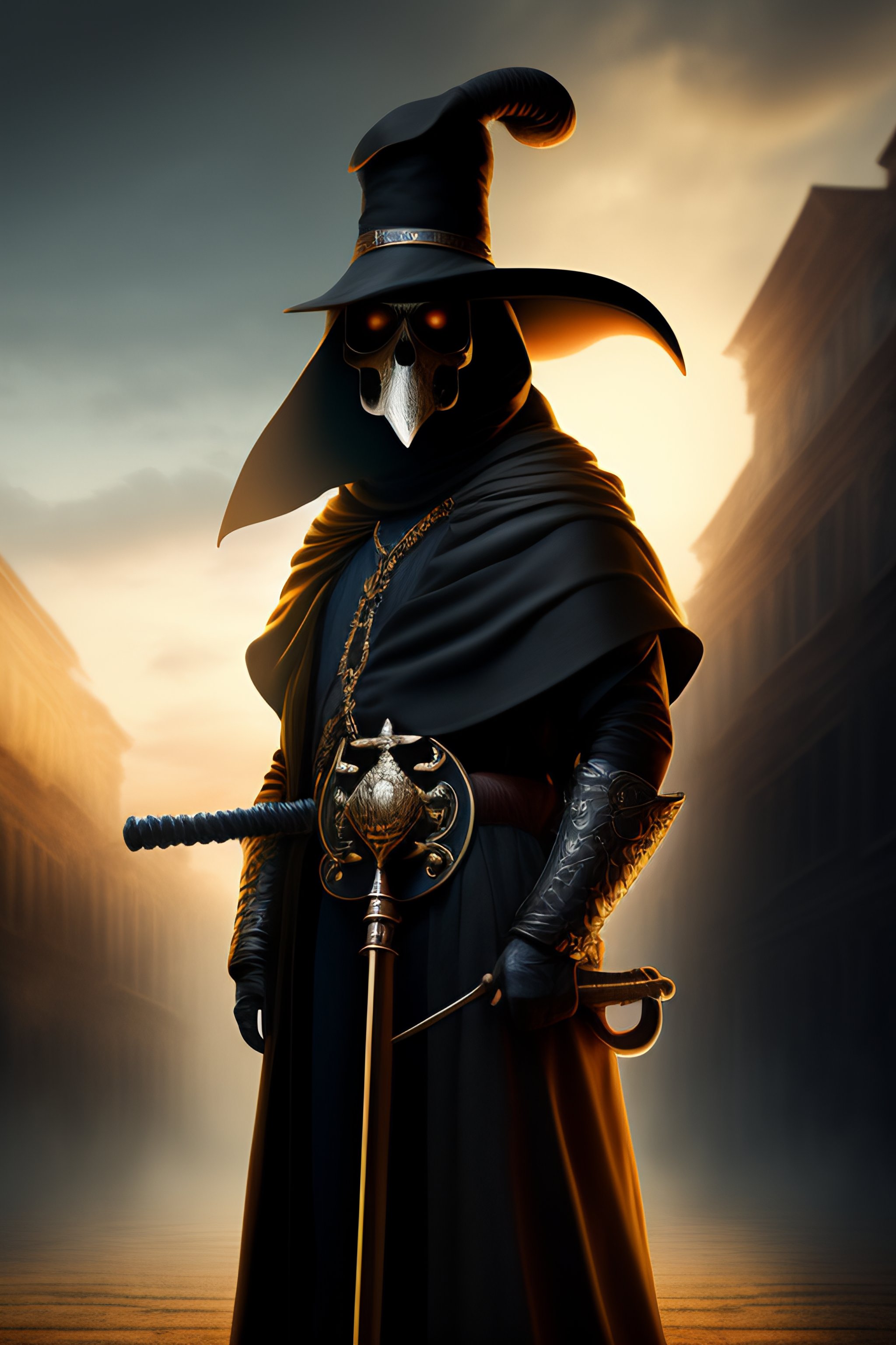 Lexica - A plague doctor holding a staff in one hand and a skull in the ...