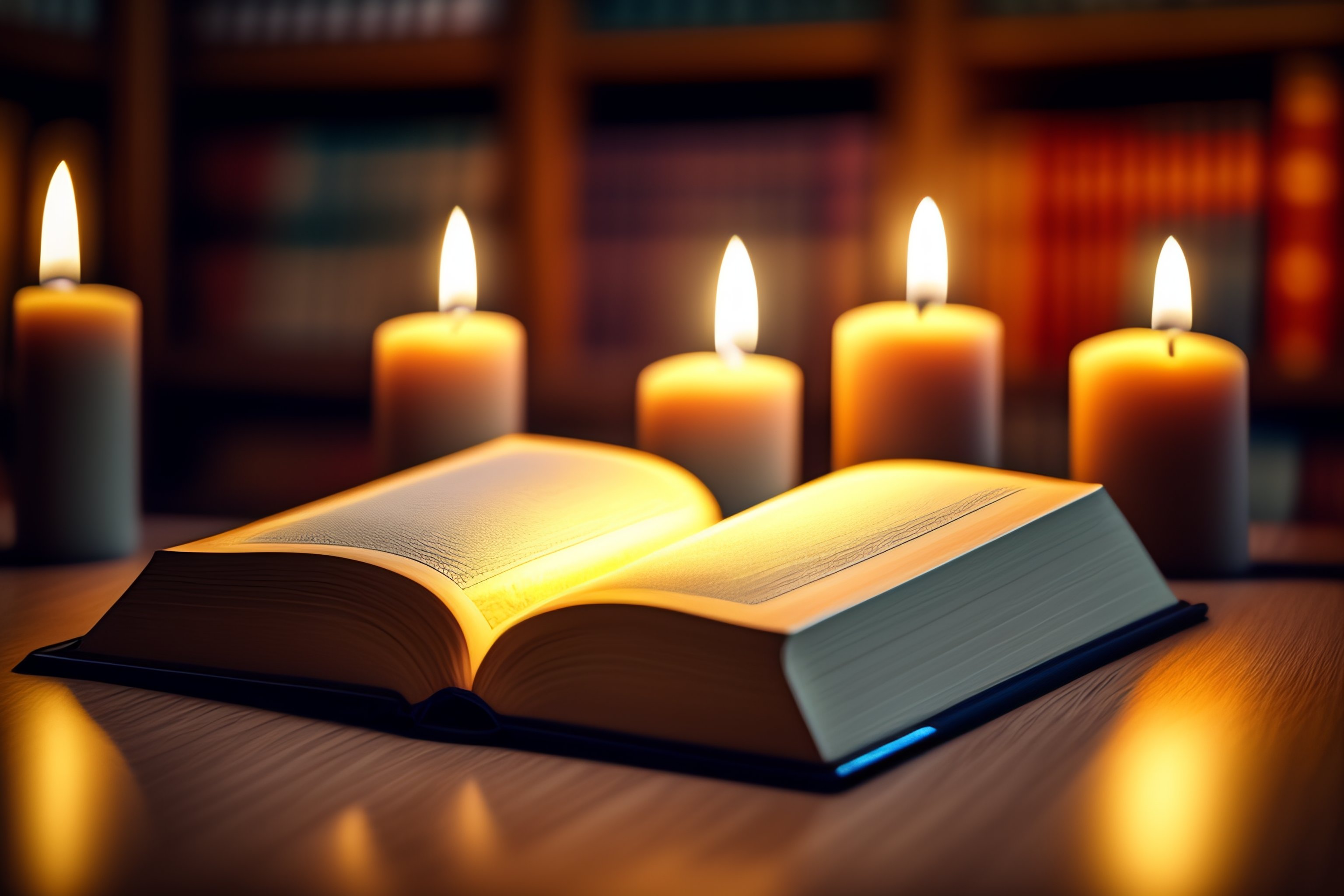 Lexica - Open book with candles on a pedestal inside a huge library