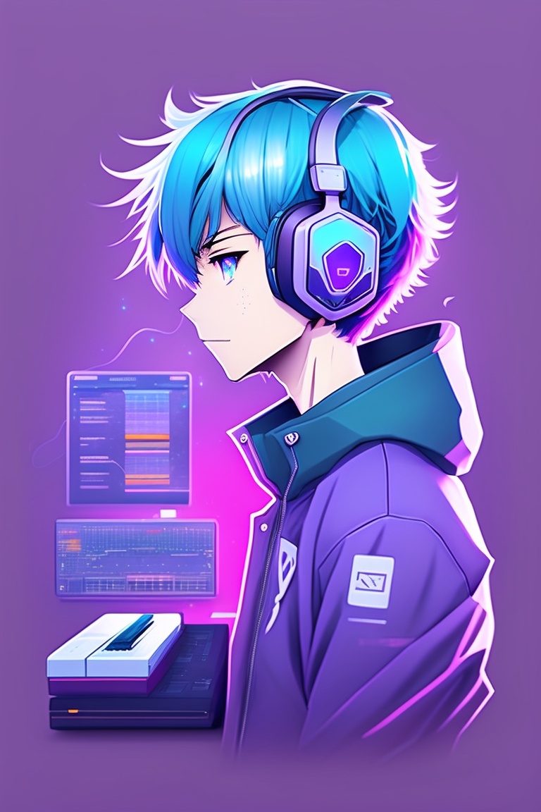 Lexica - Anime boy with purple hair, programming a modular synthesizer ...