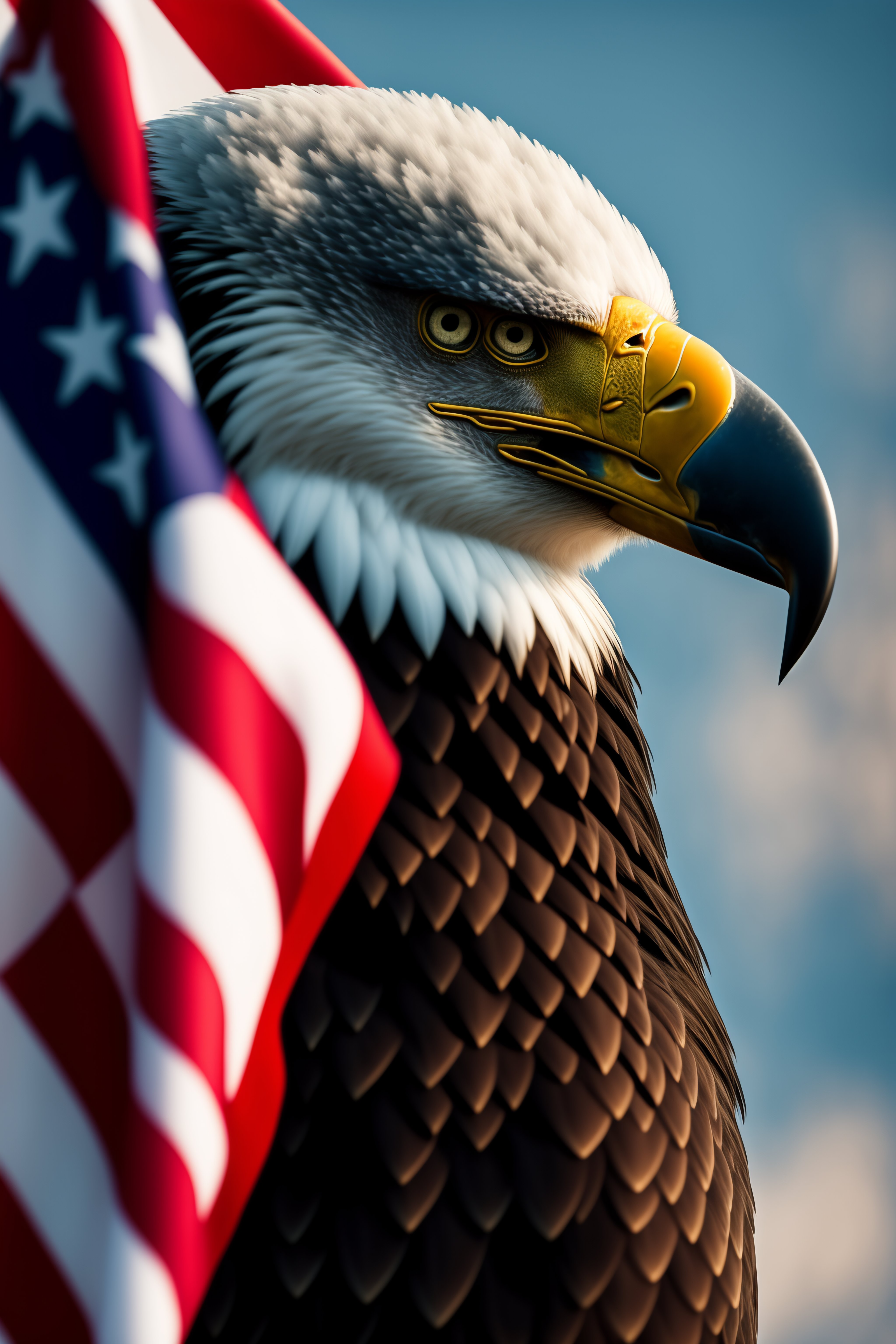 Lexica - Bald eagle wearing armor holding an american flag