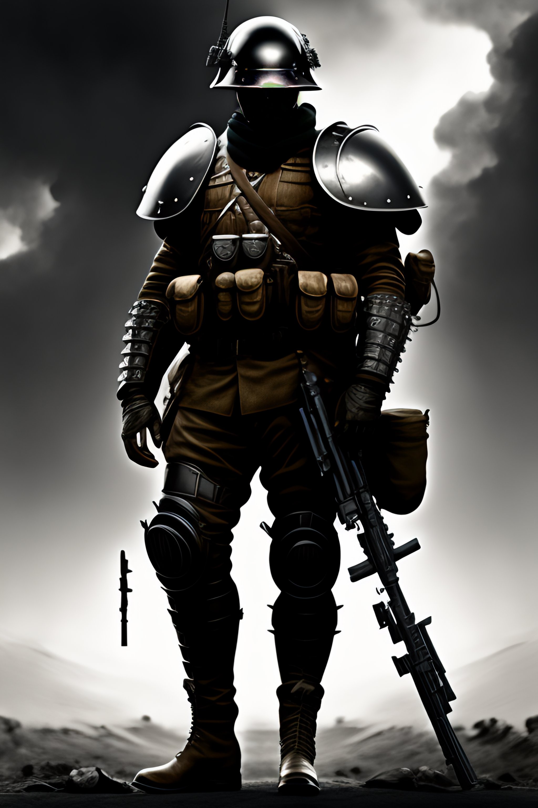 Lexica - Full-body portrait of a heavily armored WWI soldier holding an ...