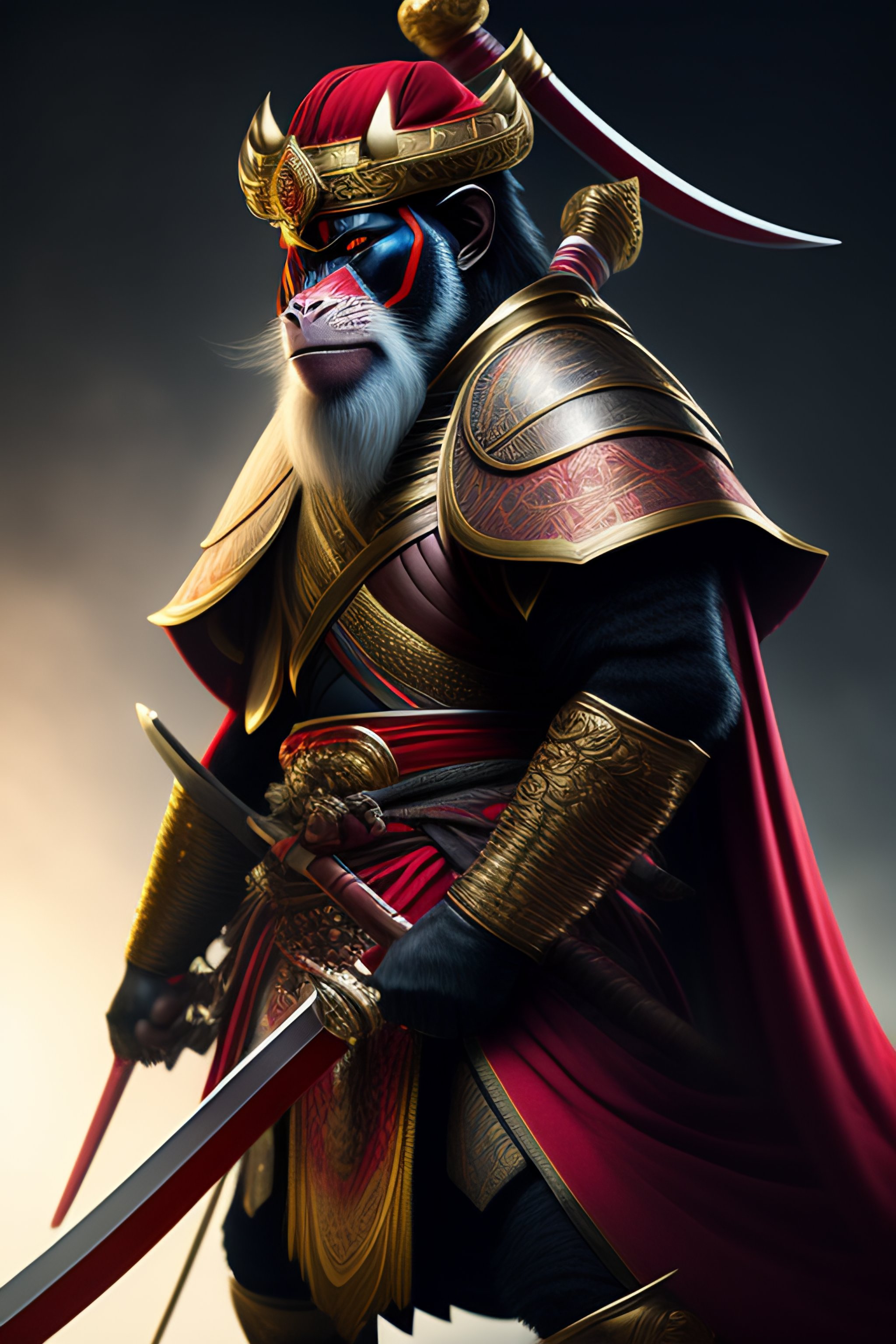 Lexica - Award-winning photo of a Mandrill samurai, red eyes, holding ...