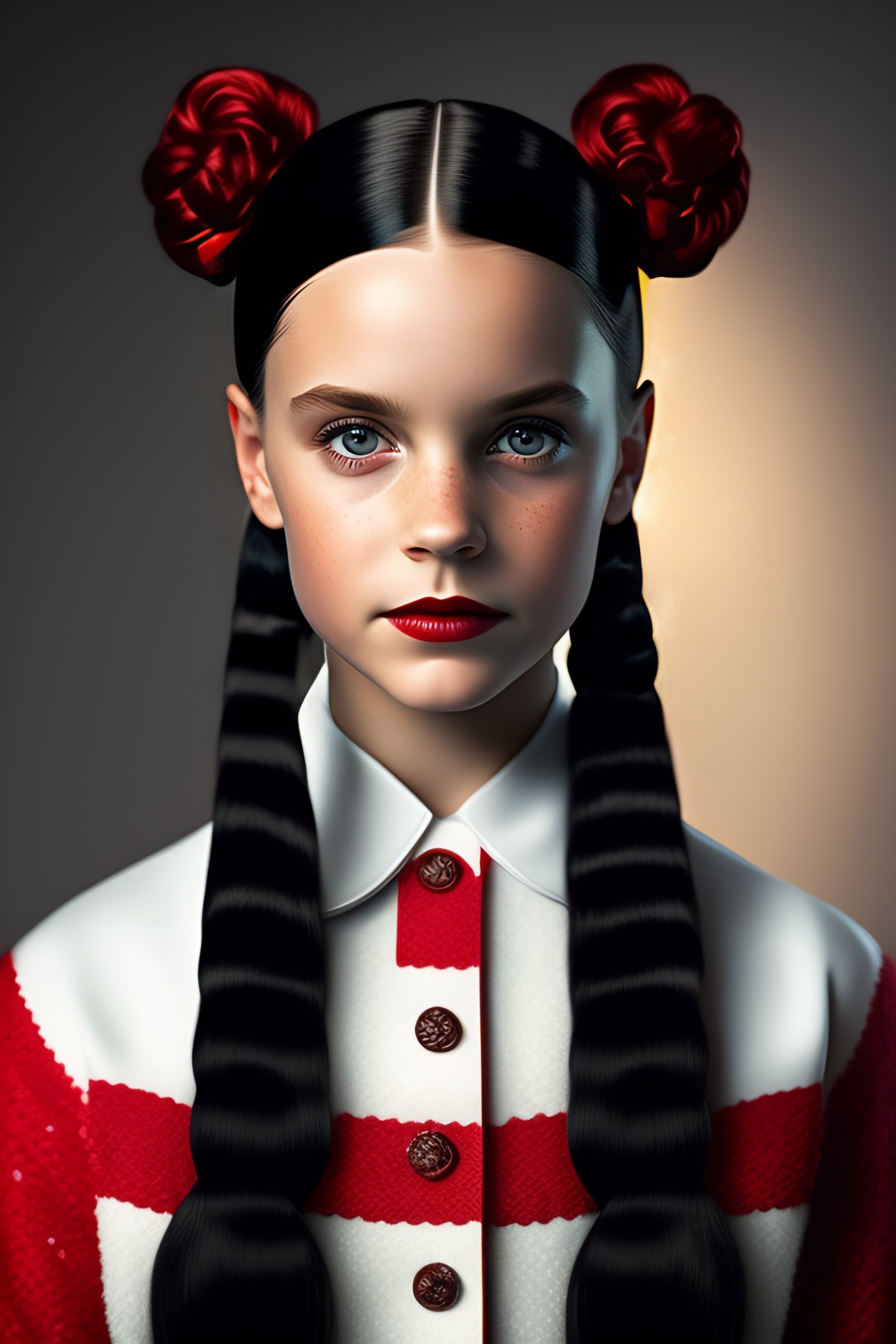 Lexica - Wednesday Addams ultrarealism the hair is braided in two pigtails