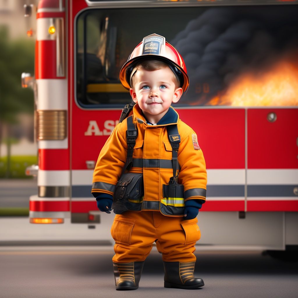 Lexica - A slim little boy in firefighter costume in front of a fire ...