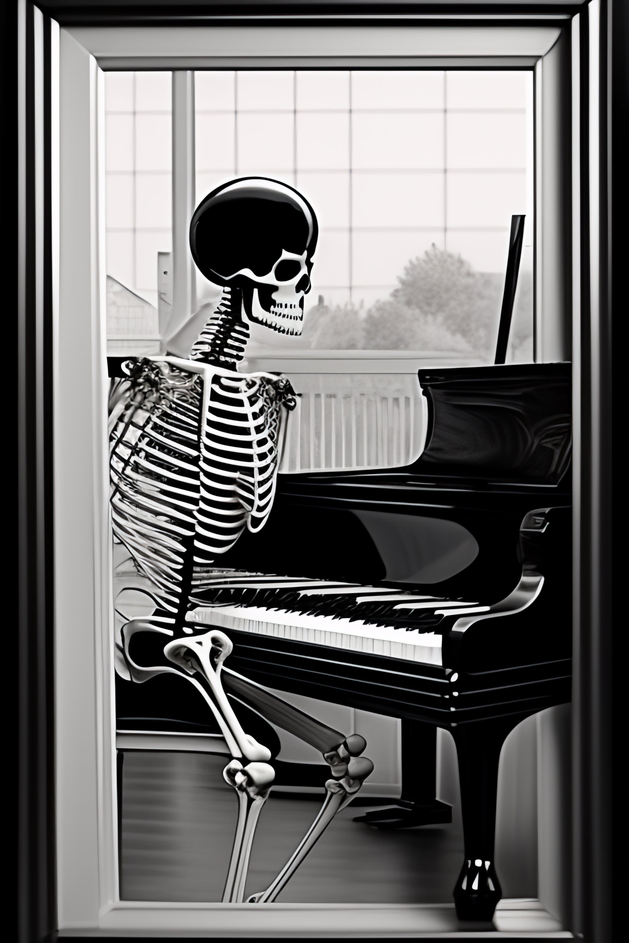 Lexica - A black and white sketch of a skeleton playing jazz