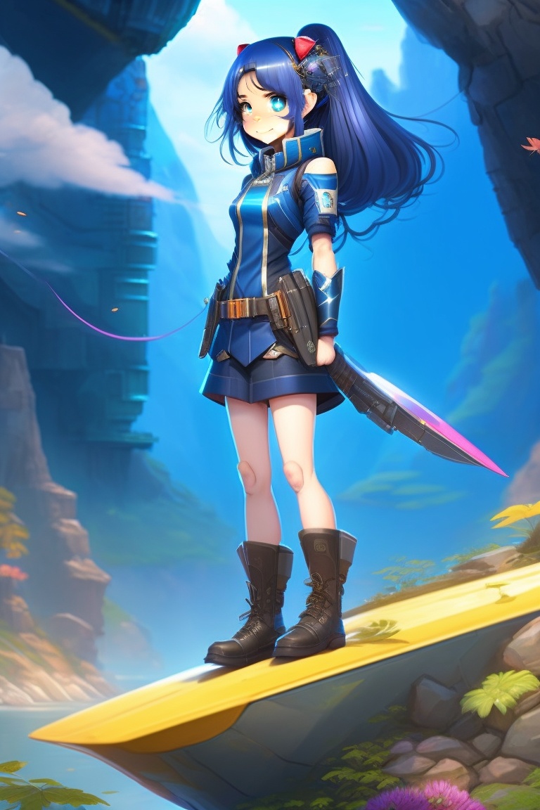 Lexica - Black and blue mecha, 11-year-old girl, elf ears, black hair ...