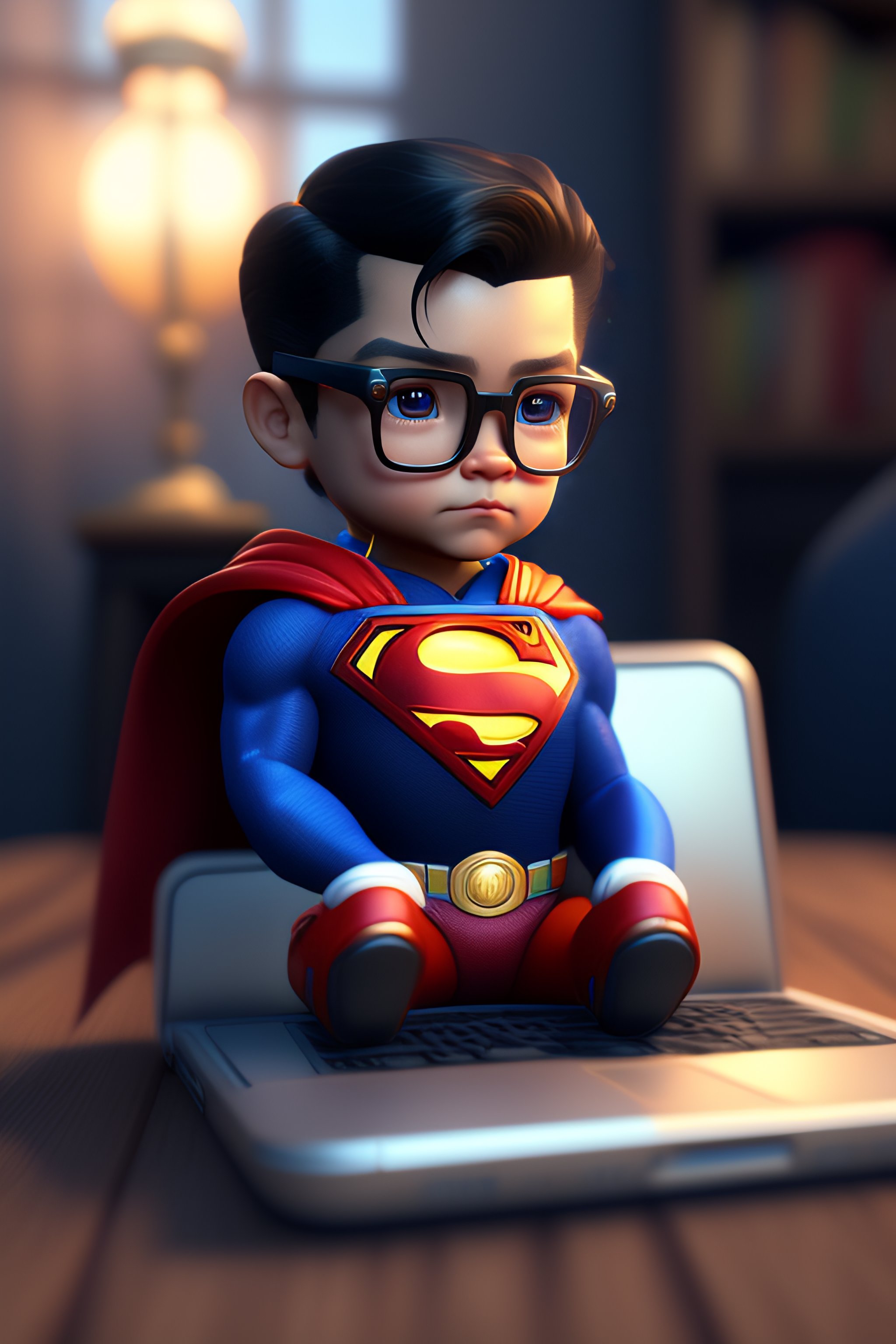 Lexica - Cute small humanoid superman sitting in front of laptop ...