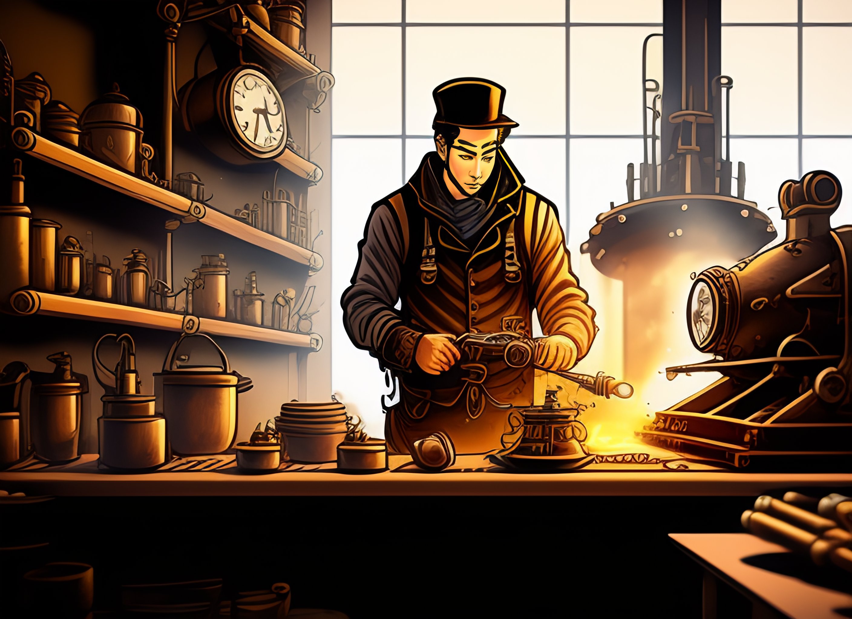 Lexica - Man working in steampunk workshop, ink drawing manga style