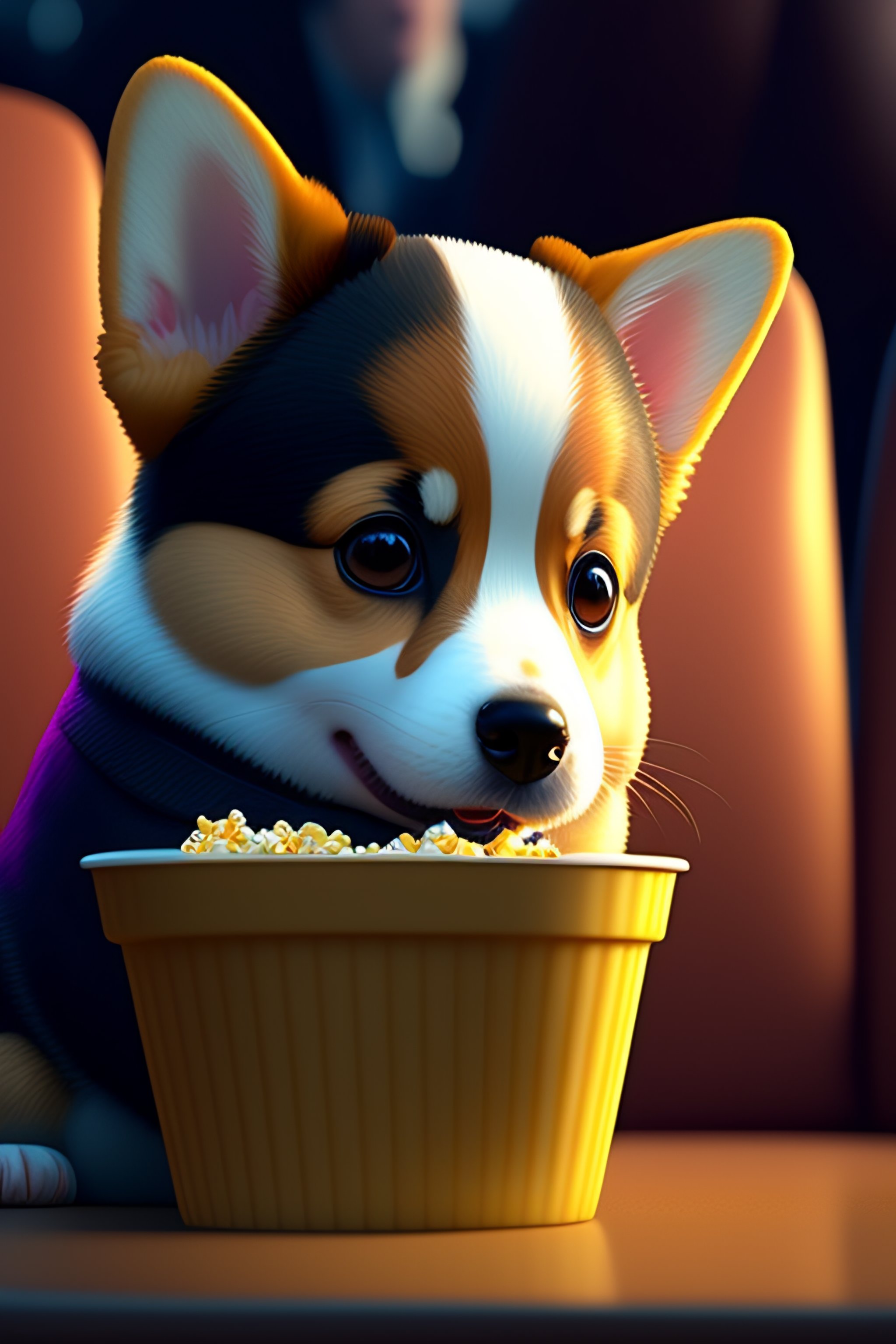 Lexica - Cute small humanoid corgi sitting in a movie theater eating ...