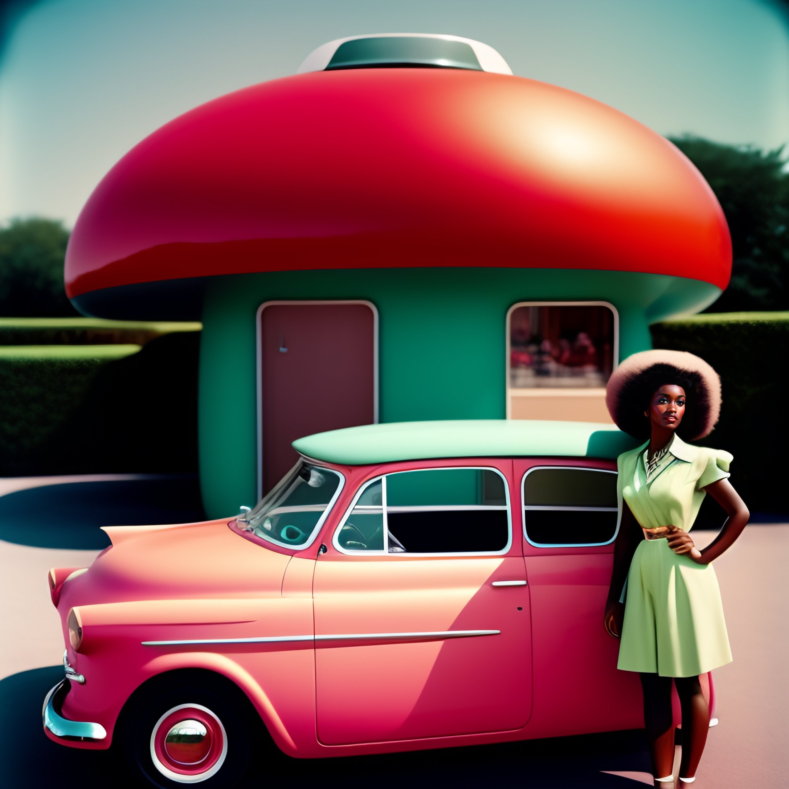 Lexica - 1954 ,afro woman beside small Fiat car , world's fair Googie ...
