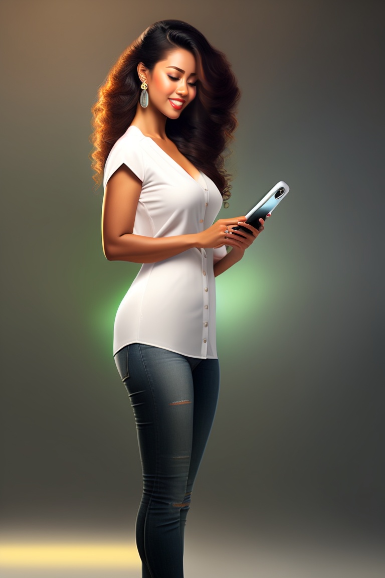 Lexica - Latin woman with white shirt, using photocheck, cell phone in ...