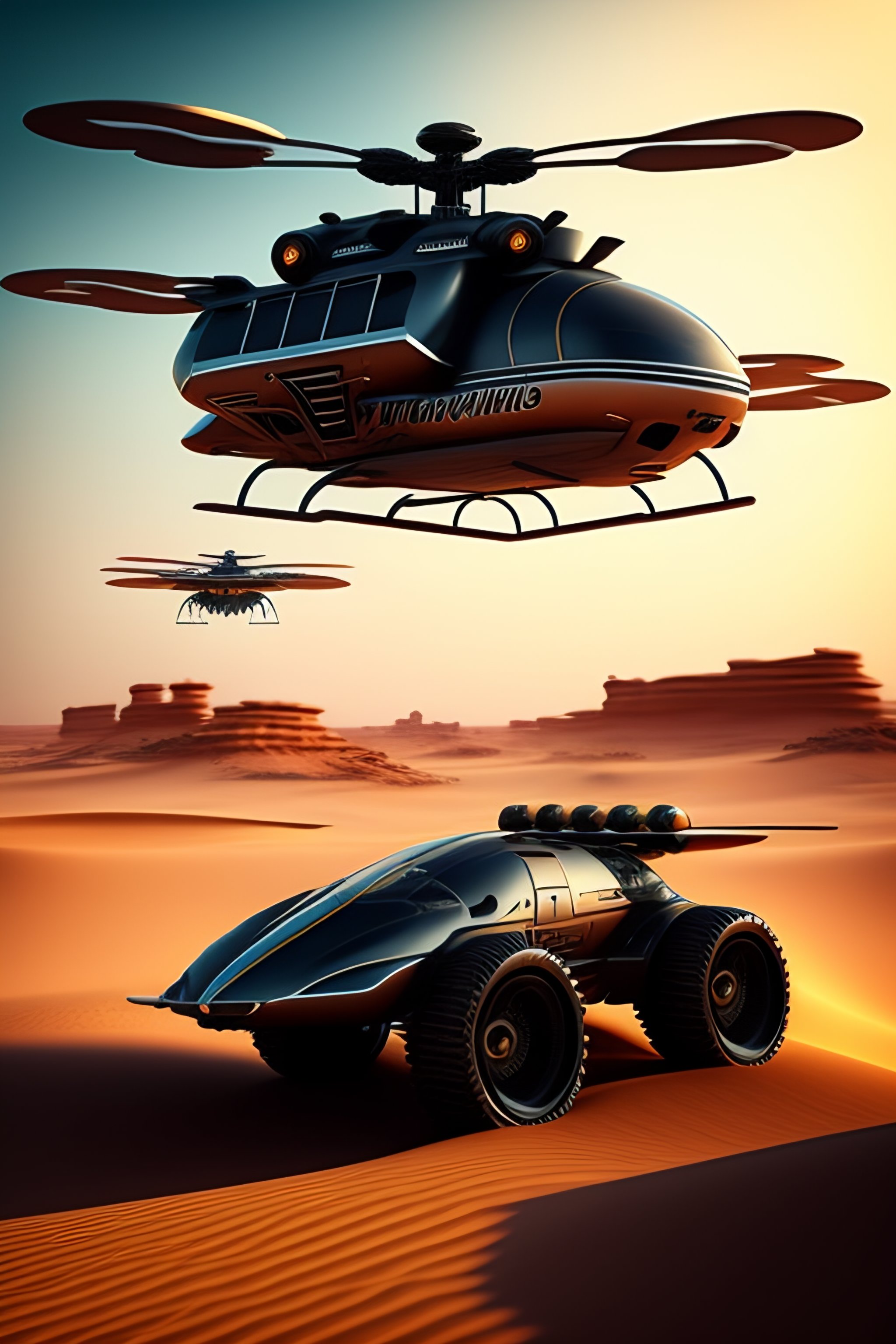 Lexica - Cyberpunk flying helicopter flying through the desert in ty ...