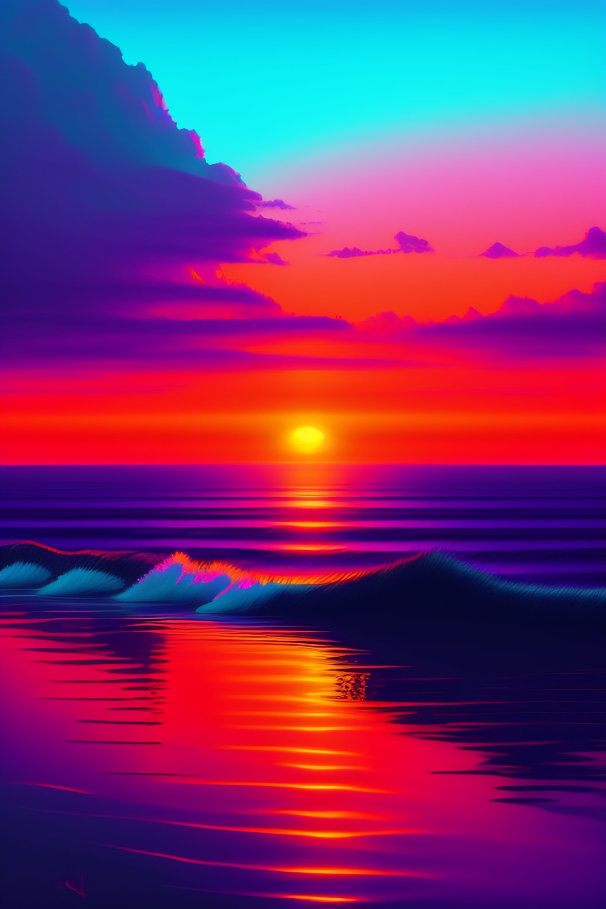 Lexica - A synthwave style sunset above the reflecting water of the sea ...