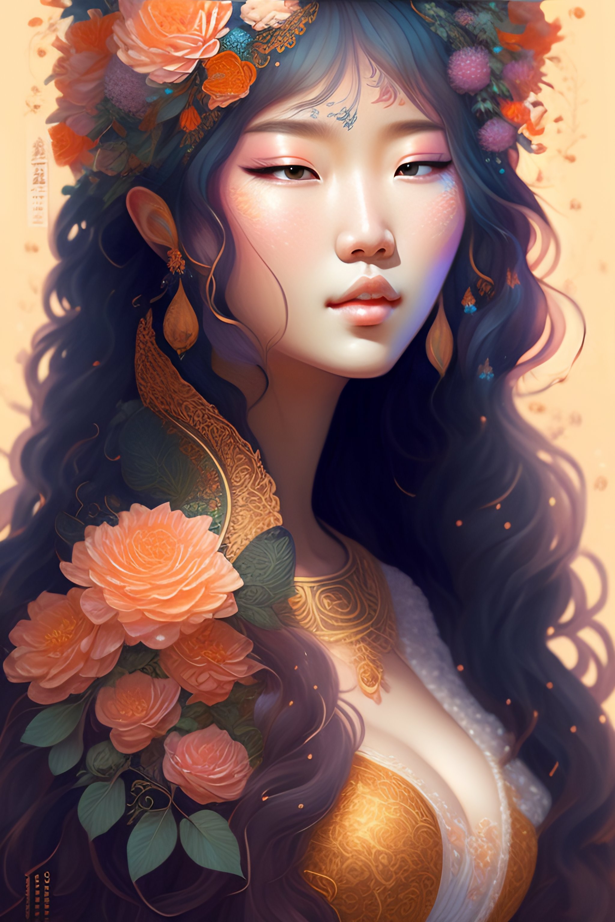Lexica - Beautiful cute front portrait Korean ninfa, big long curly ...