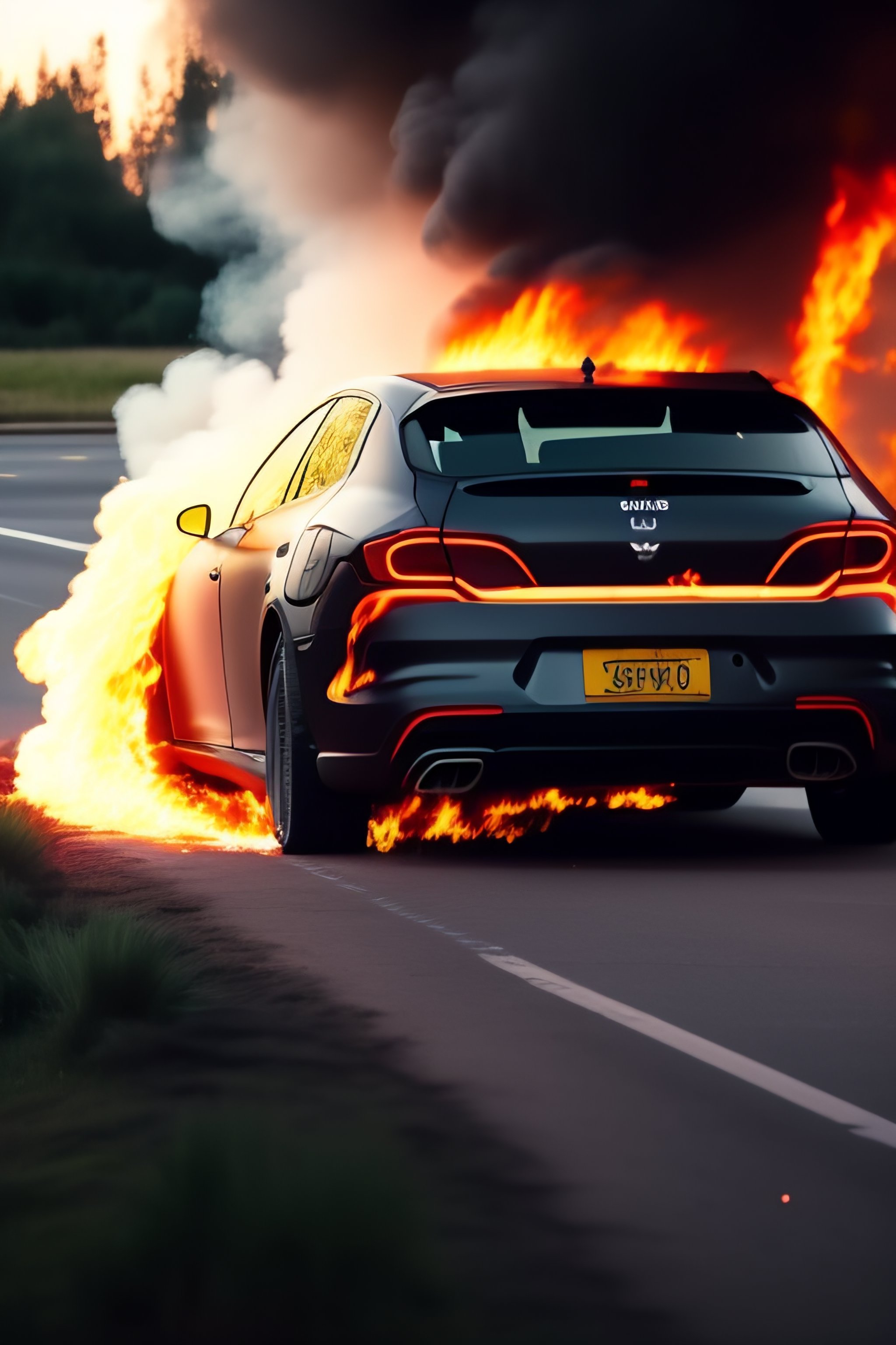 Lexica - A still of a destroyed car on fire, slow motion flames