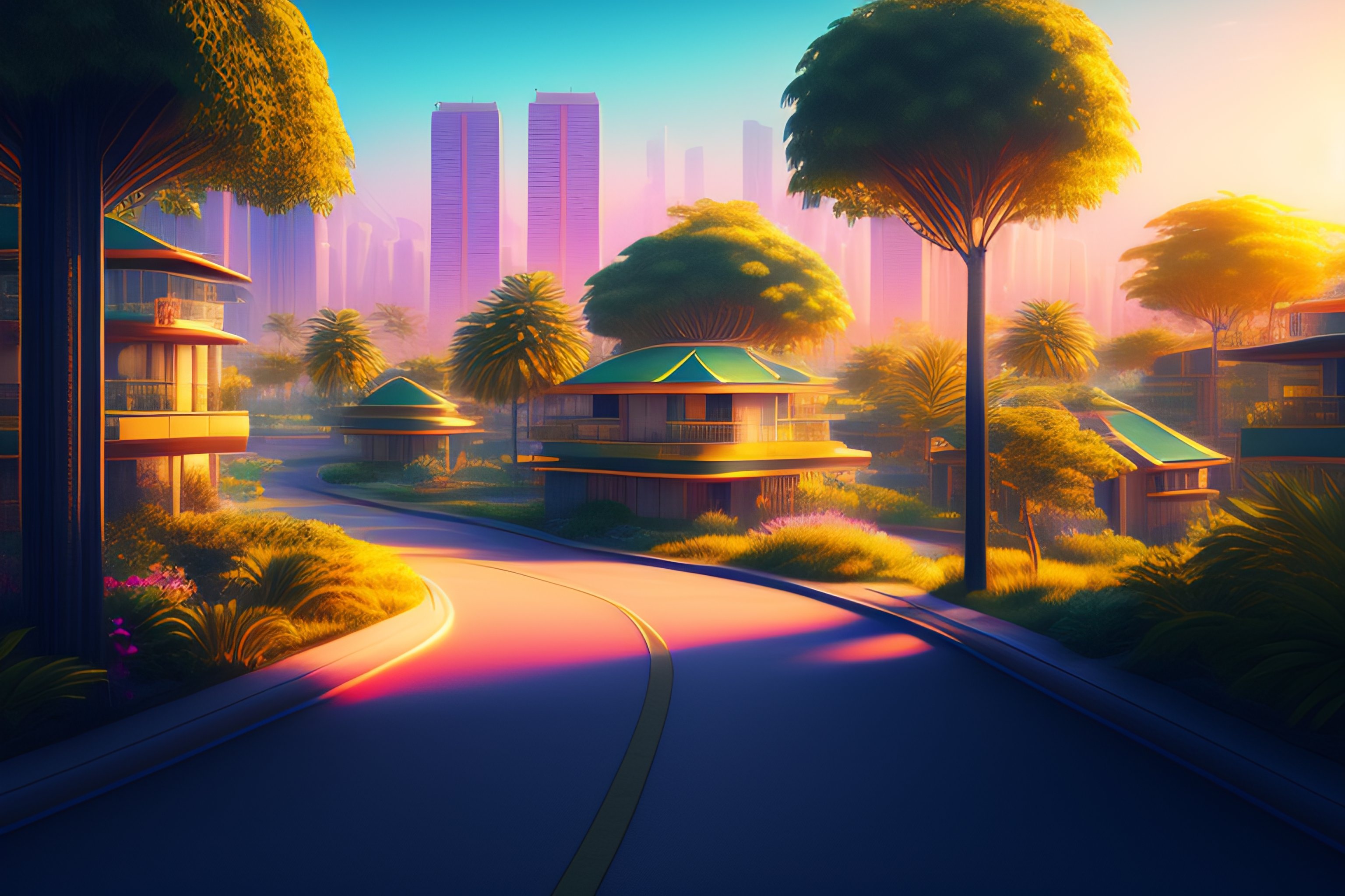 Lexica - Golden neighborhood in a vaporwave jungle, 4k, ultra realistic ...