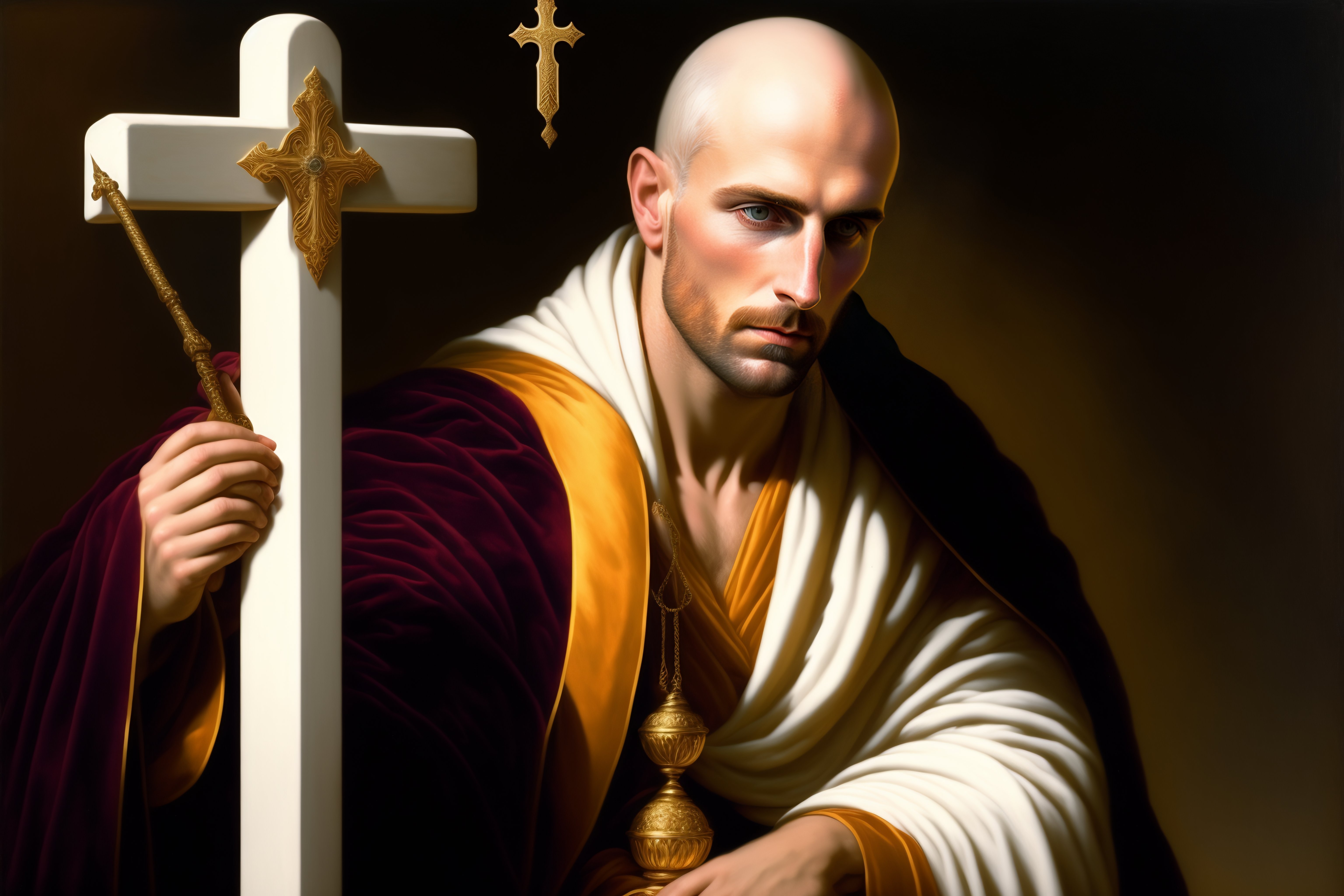 Lexica - White Monk in dark robes hold a white snake on the cross