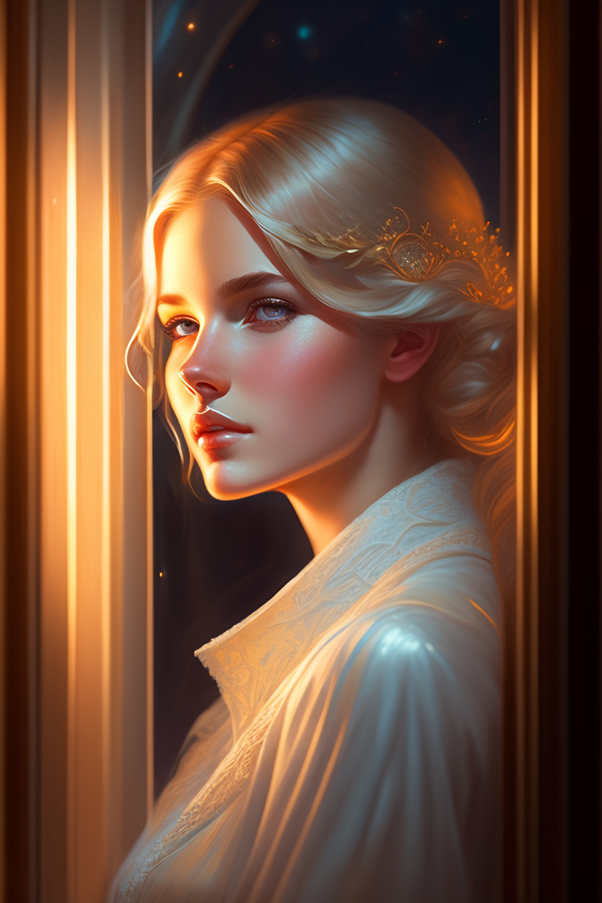 Lexica - Blond young girl looking through the window dark light night ...