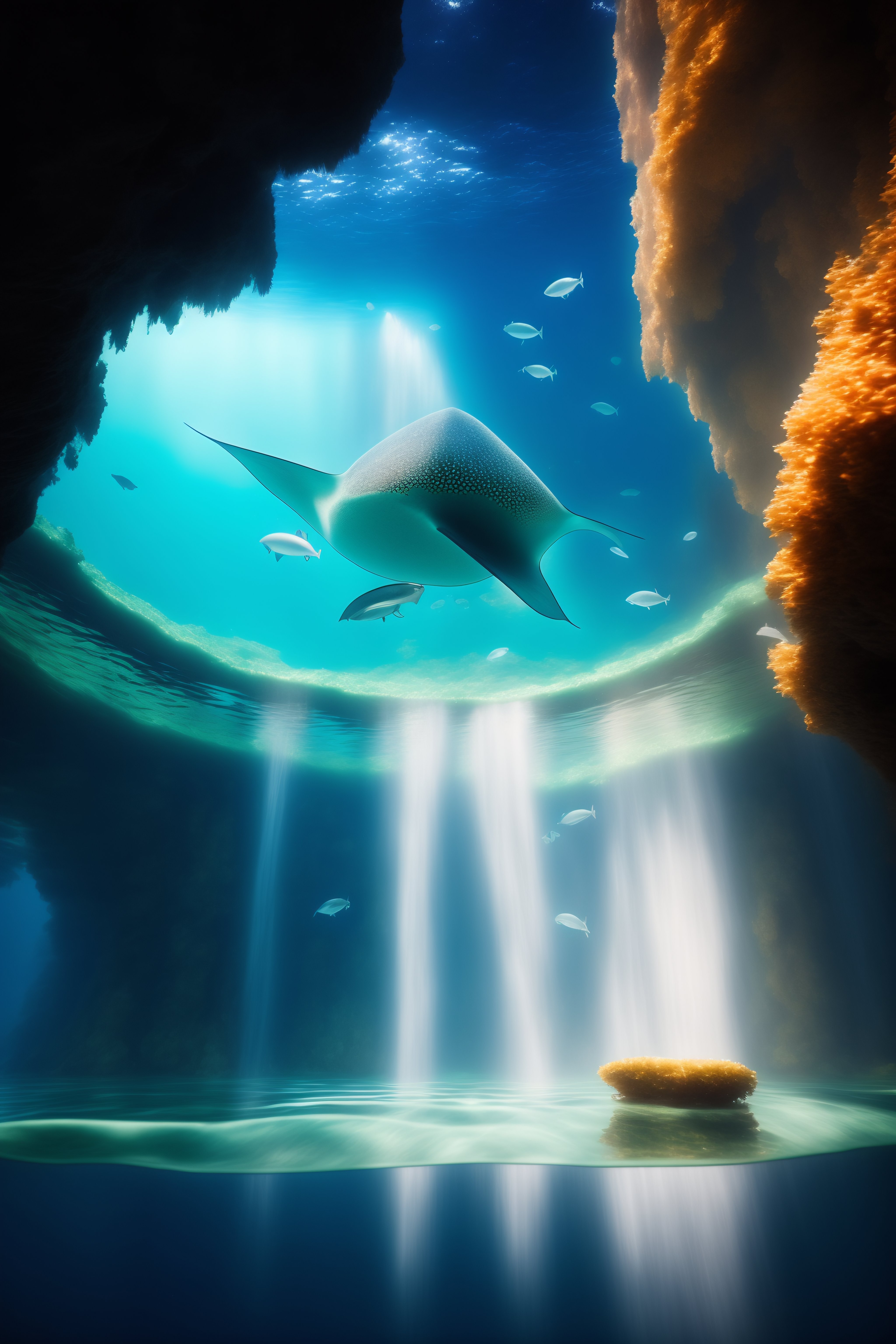 Lexica - A magical water palace with sting rays swimming around the ...