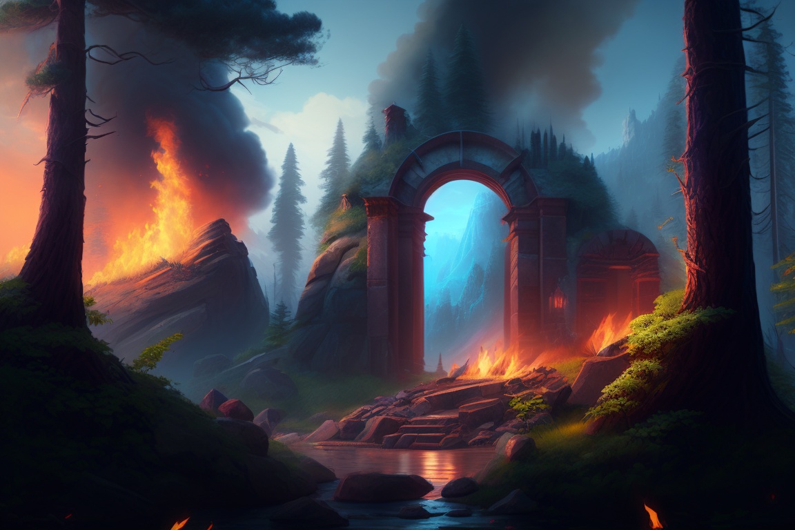 Lexica - Warzone in a big magical forrest, ruins, fire
