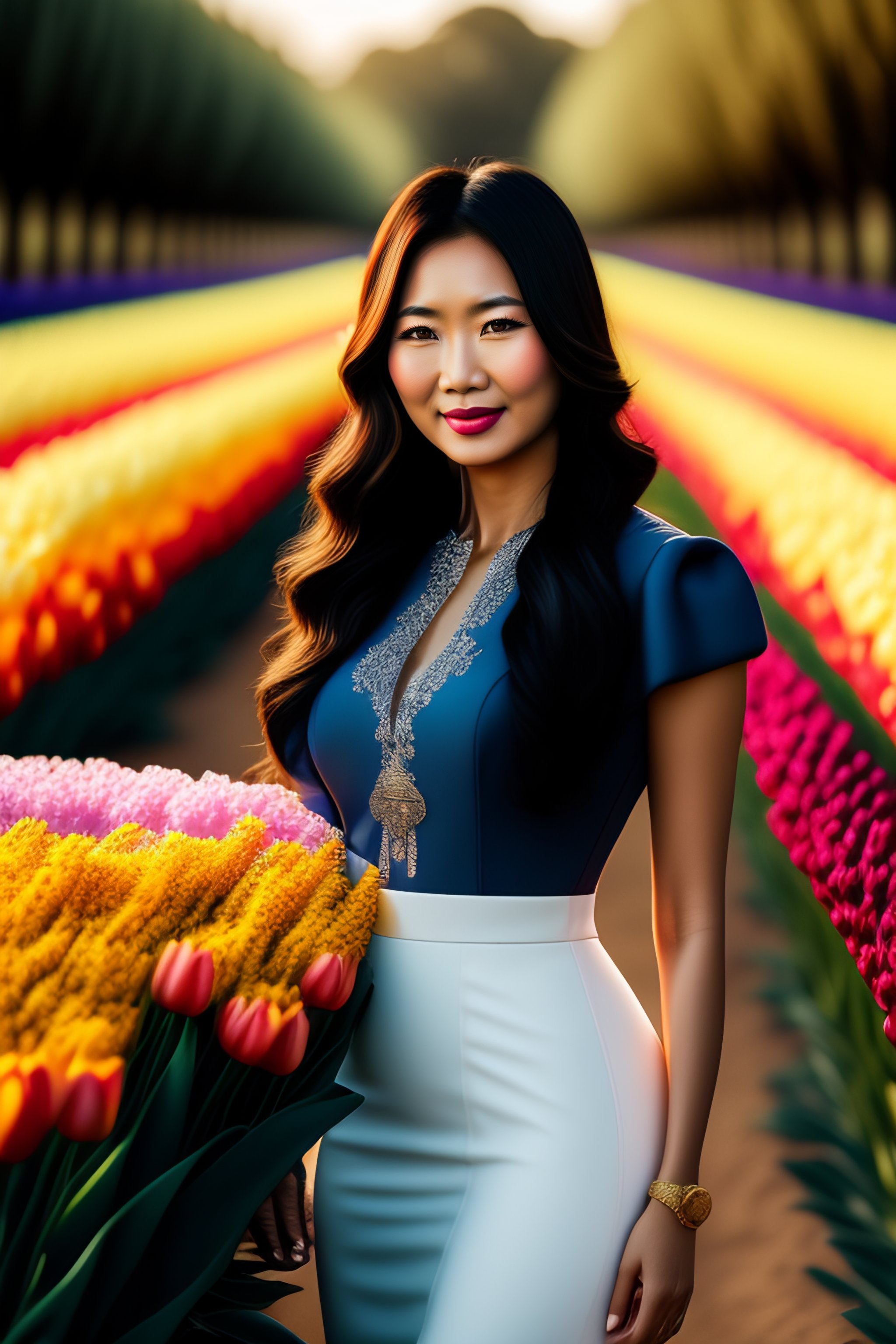 Lexica - An stunning Asian Australian woman in a tulip garden on a ...