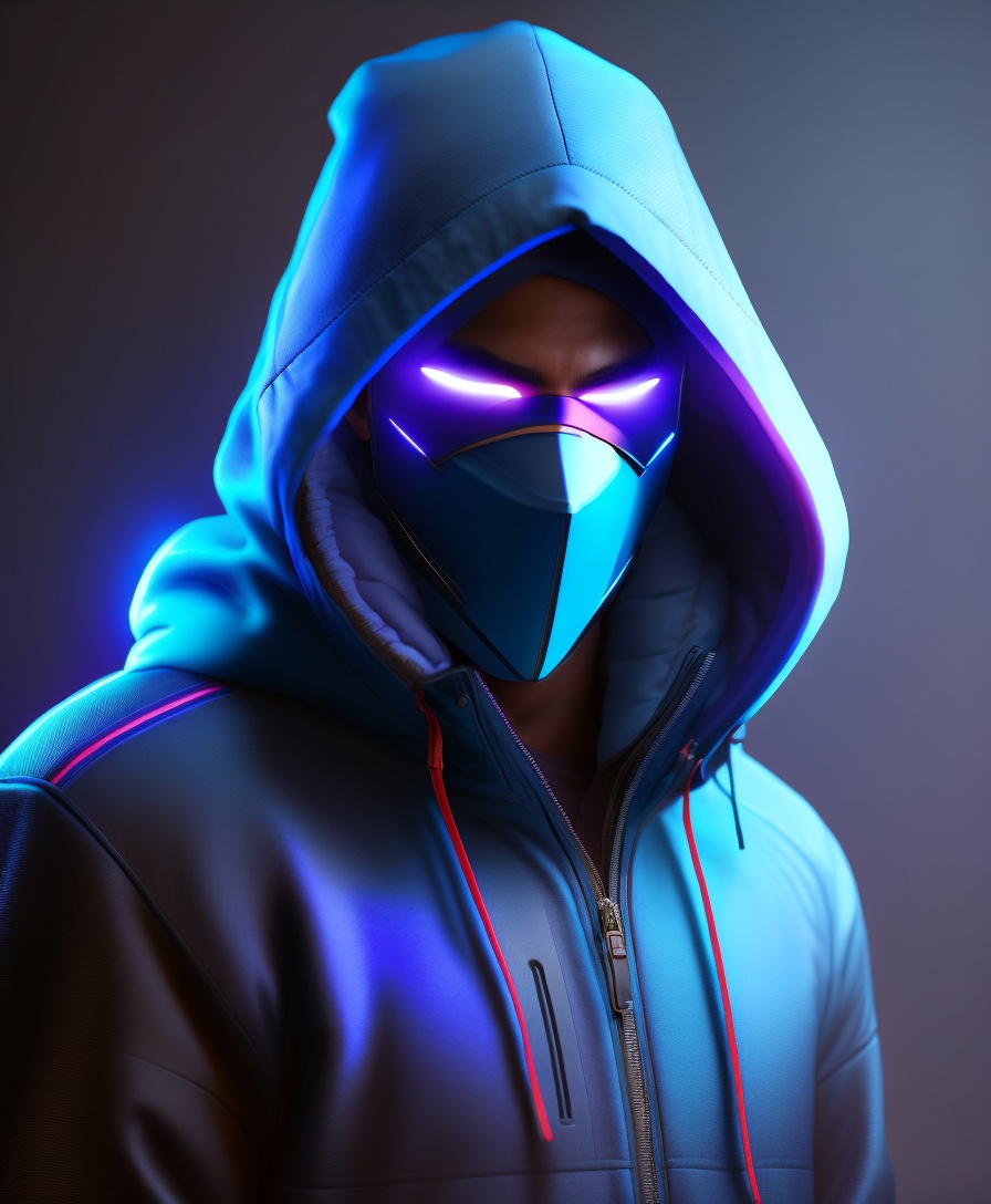 Lexica - Male character in hood, neon blue, mask, dark
