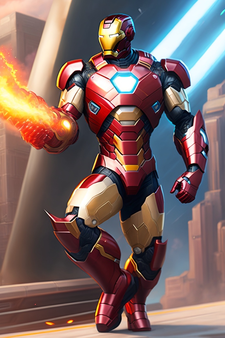 Lexica - Depict Iron Man in a dynamic pose, holding a powerful bazooka ...