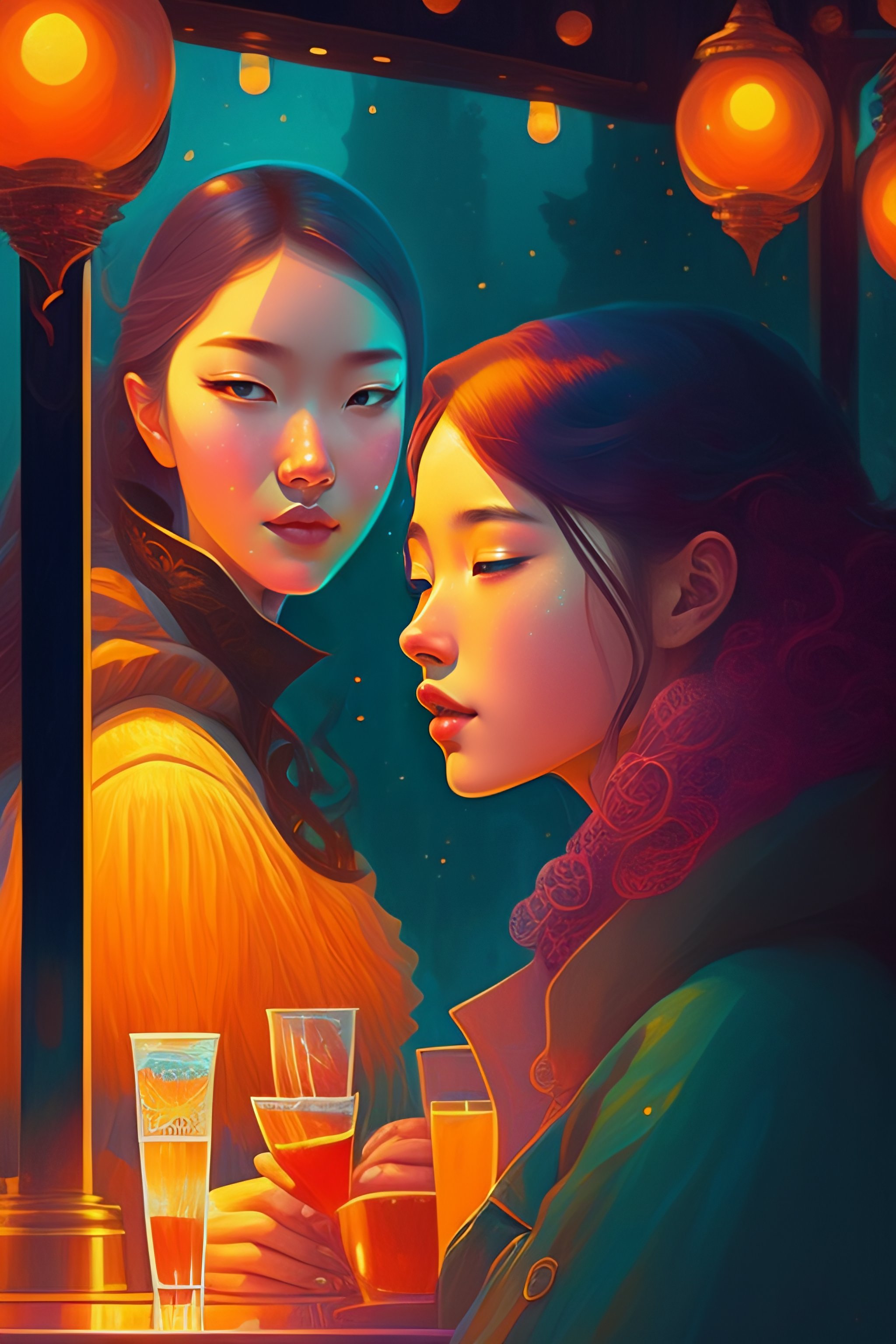 Lexica - Two beautiful young girls at a bar holding hands, epic scene ...