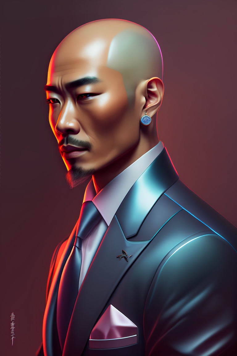 Lexica - Portrait of japanese man, age 50, gaunt face, suit, bald, full ...