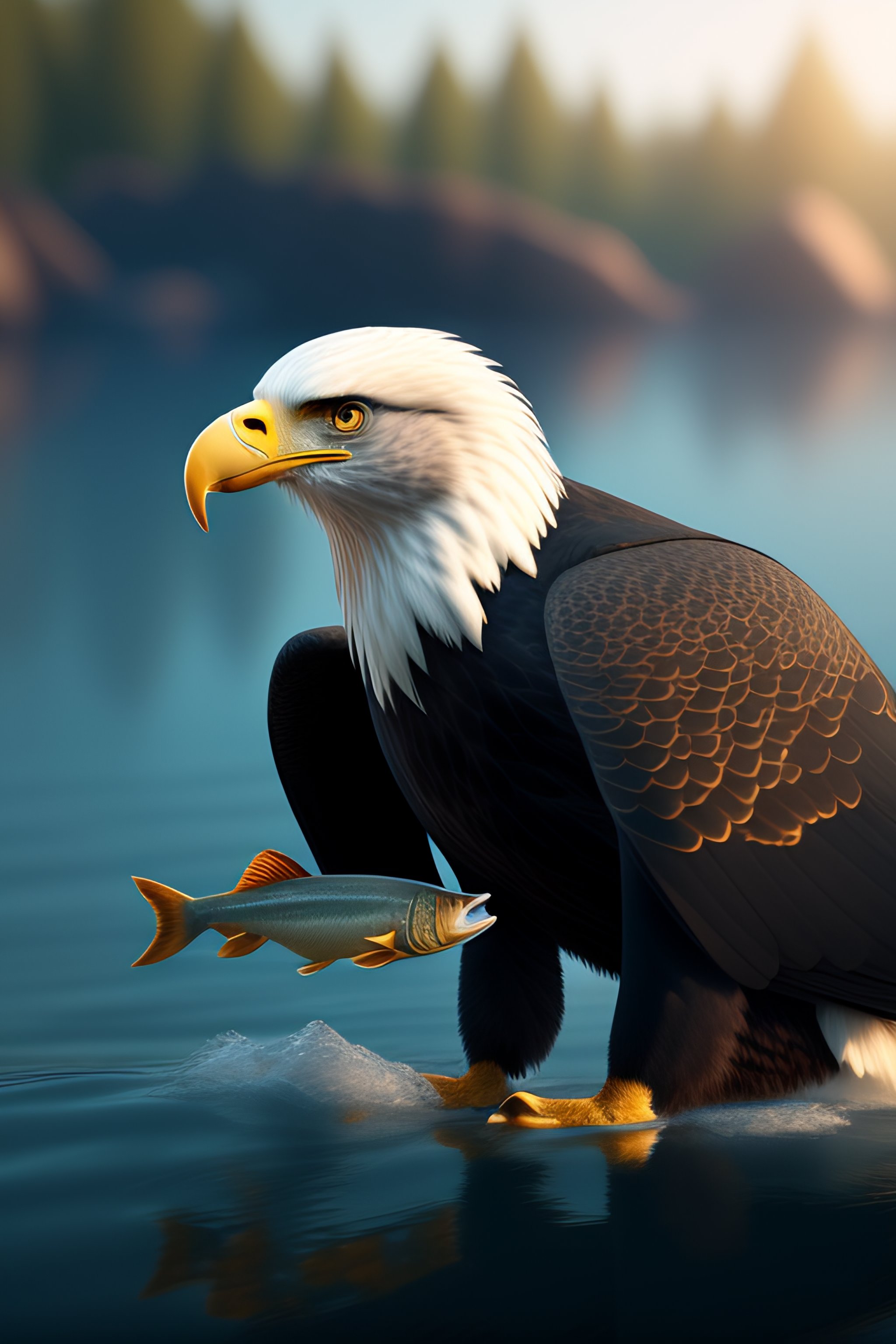 Lexica - Photograph of bald eagle eating a fish, UHD, unreal 5 render,