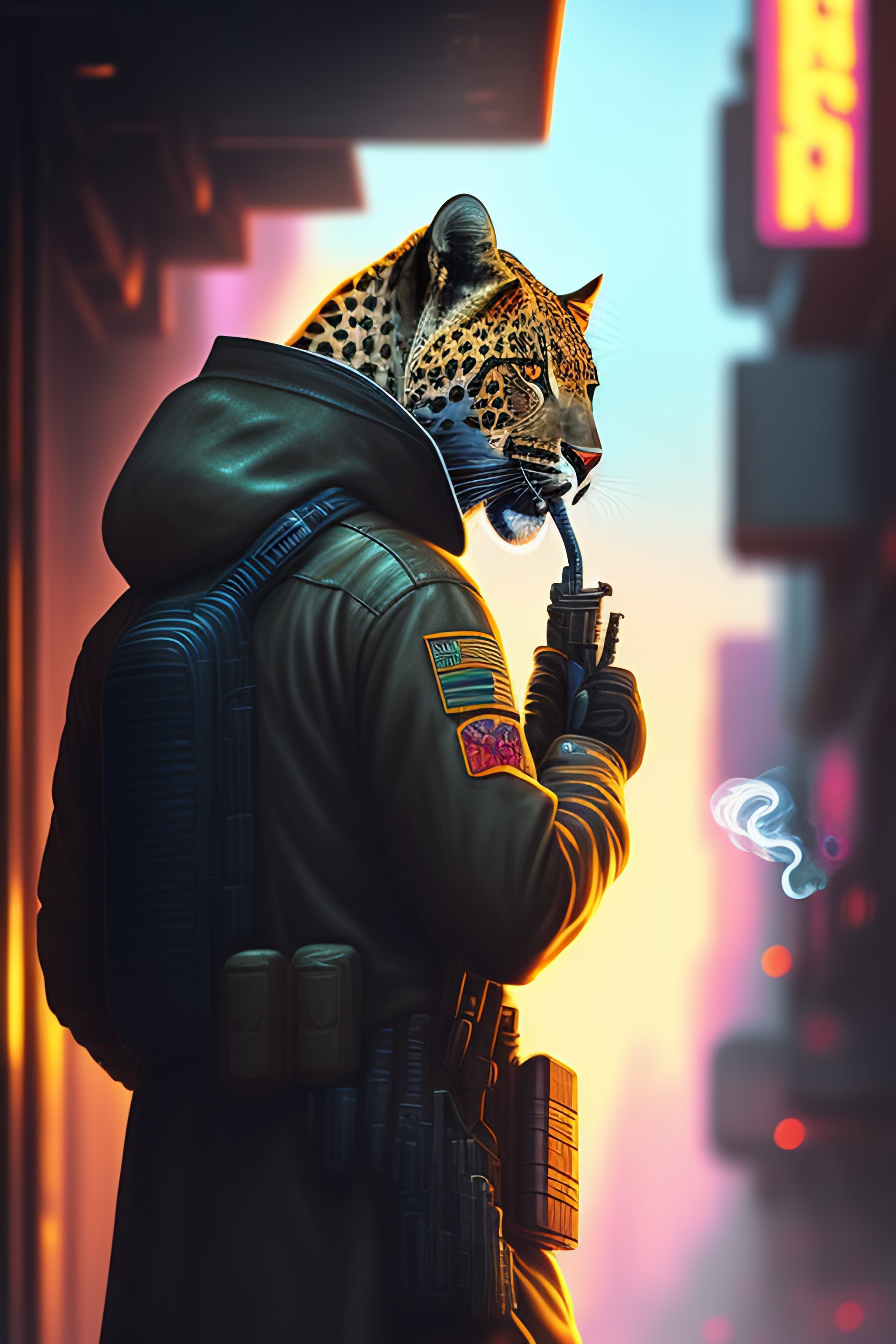 Lexica - Mercenary leopard smoking in a cyberpunk alley