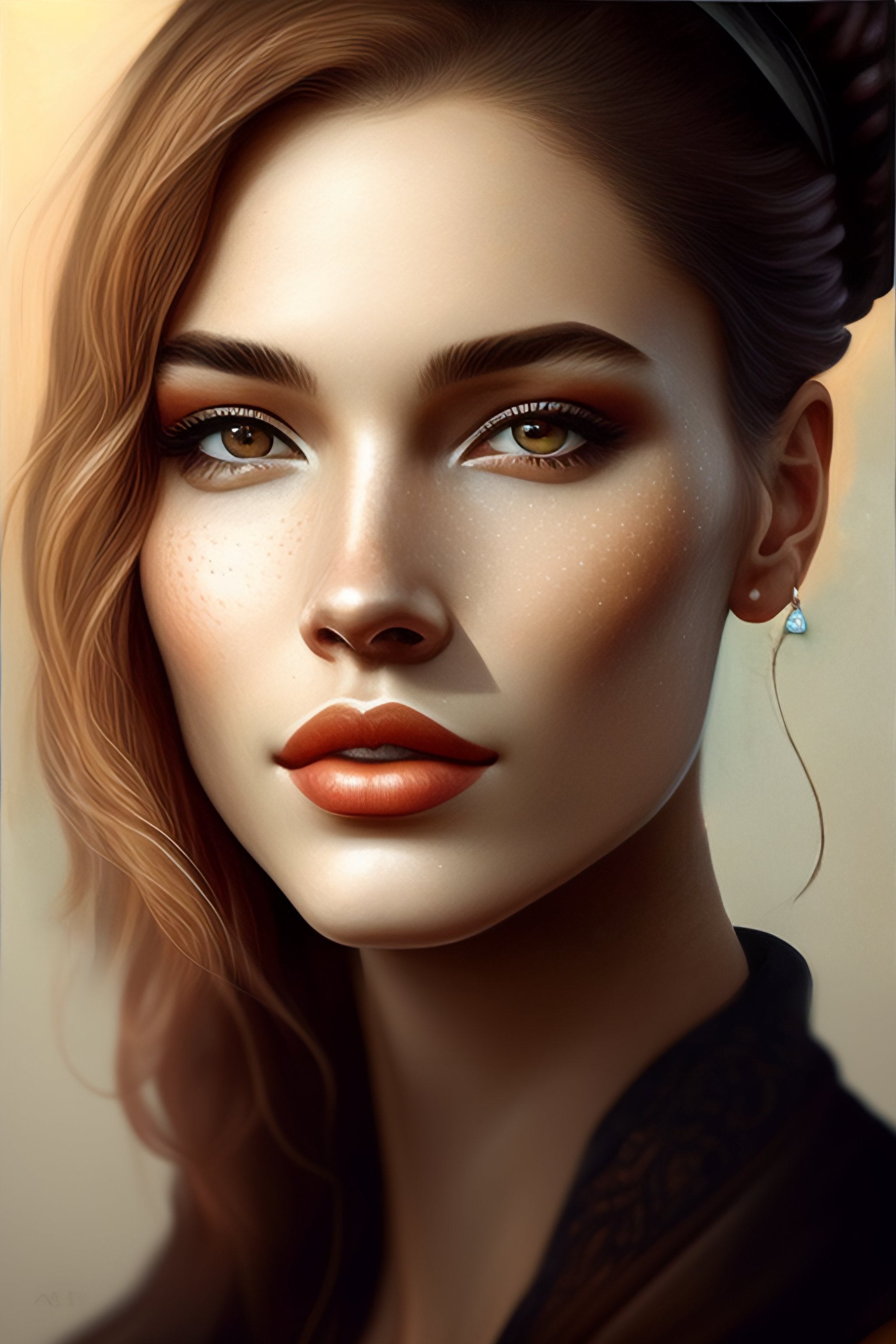 Lexica - Portrait of the slender woman with smiley lips, a long brown ...