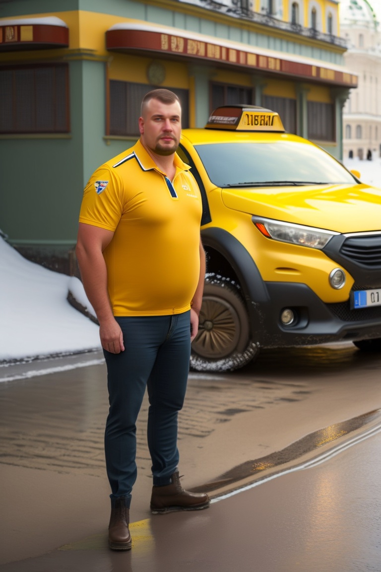 Lexica - A Russian taxi driver stands by his yellow car, which has a ...