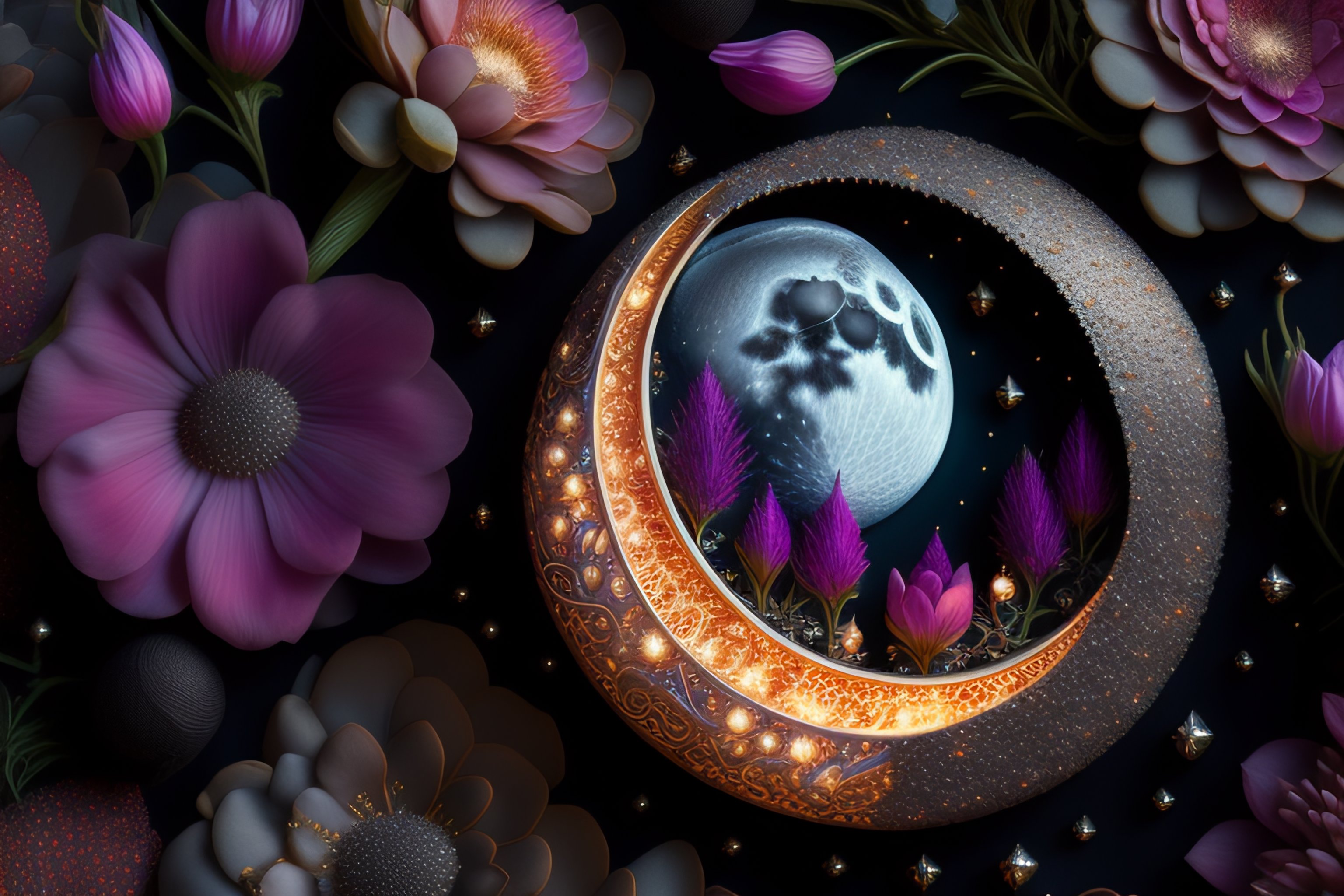 Lexica - Whimsical detailed fantasy one moon with flowers with glitter ...