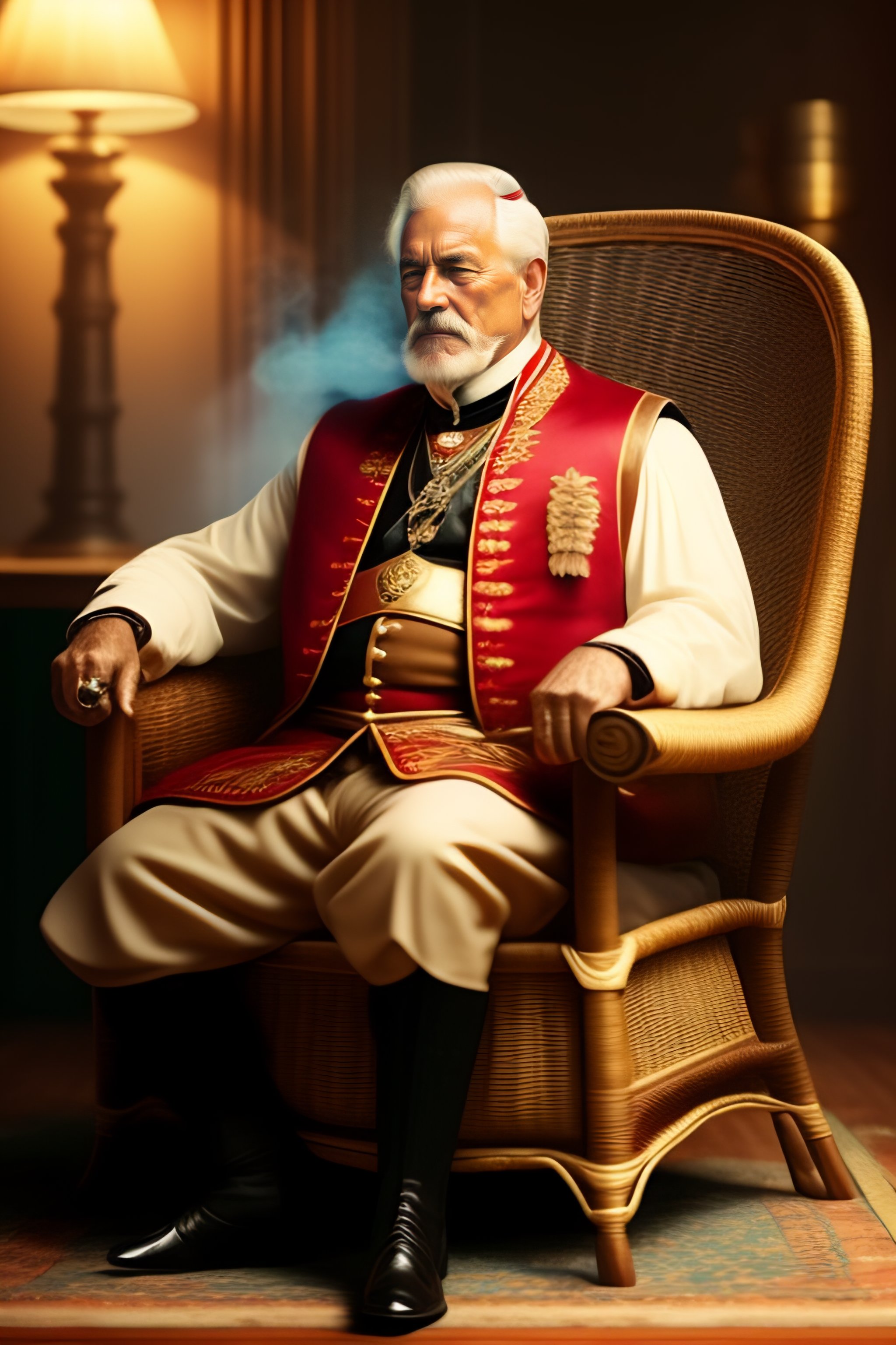 Lexica - An old English general sits in a wicker chair. He is smoking a ...
