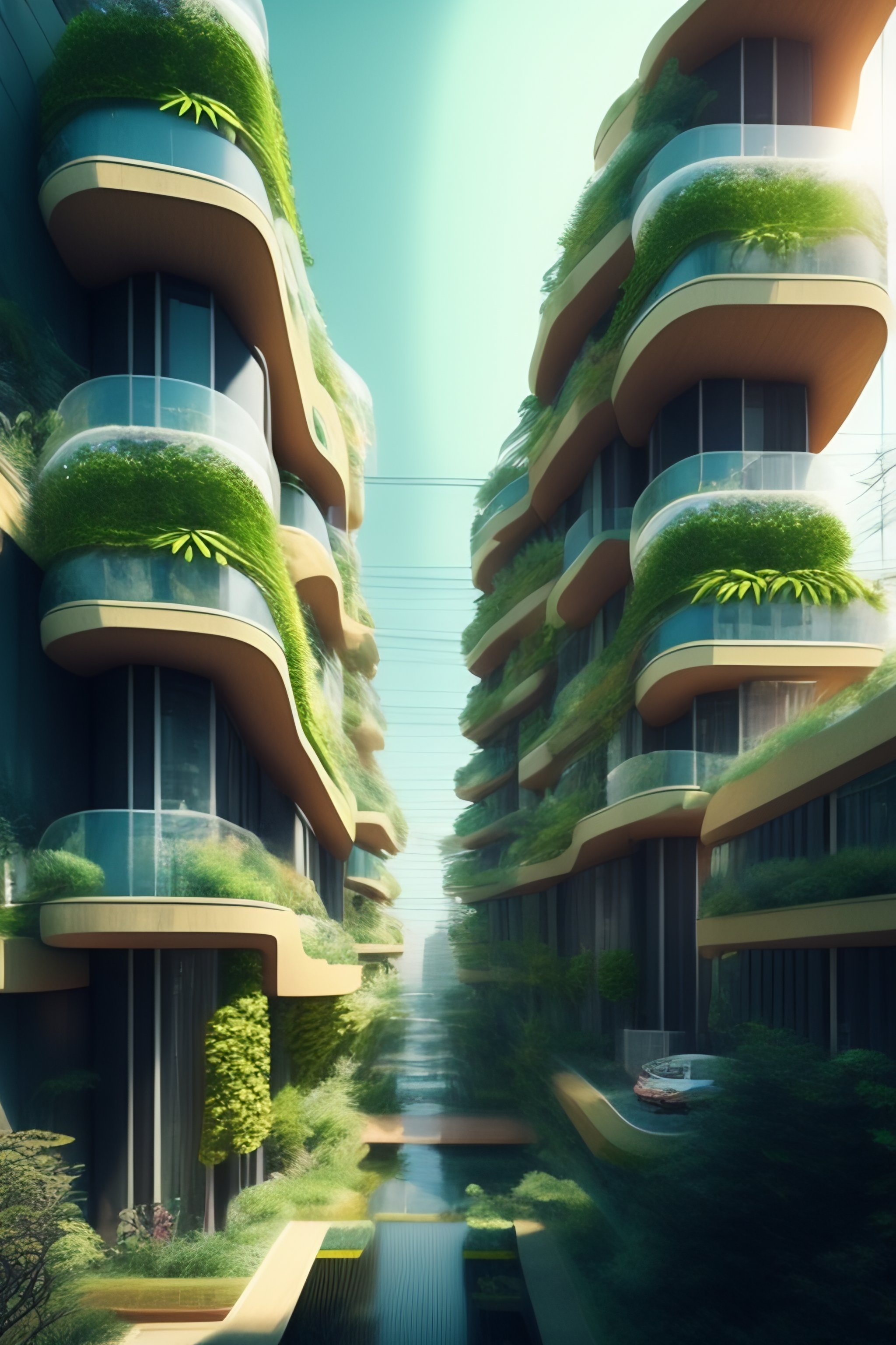 Lexica - Solarpunk street, 3 story buildings, large amounts of lush ...