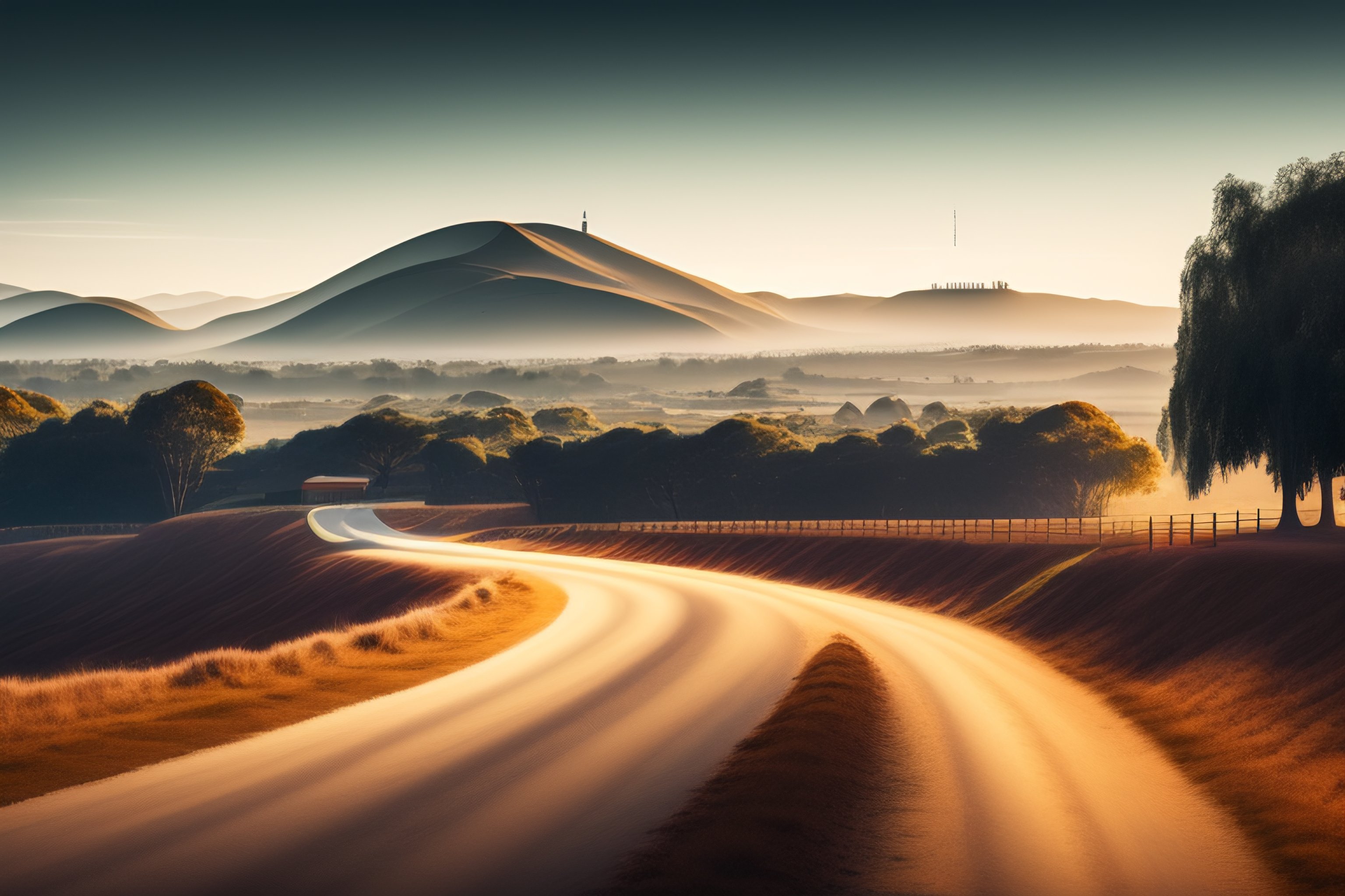 Lexica - Landshape with very linear road and town in background