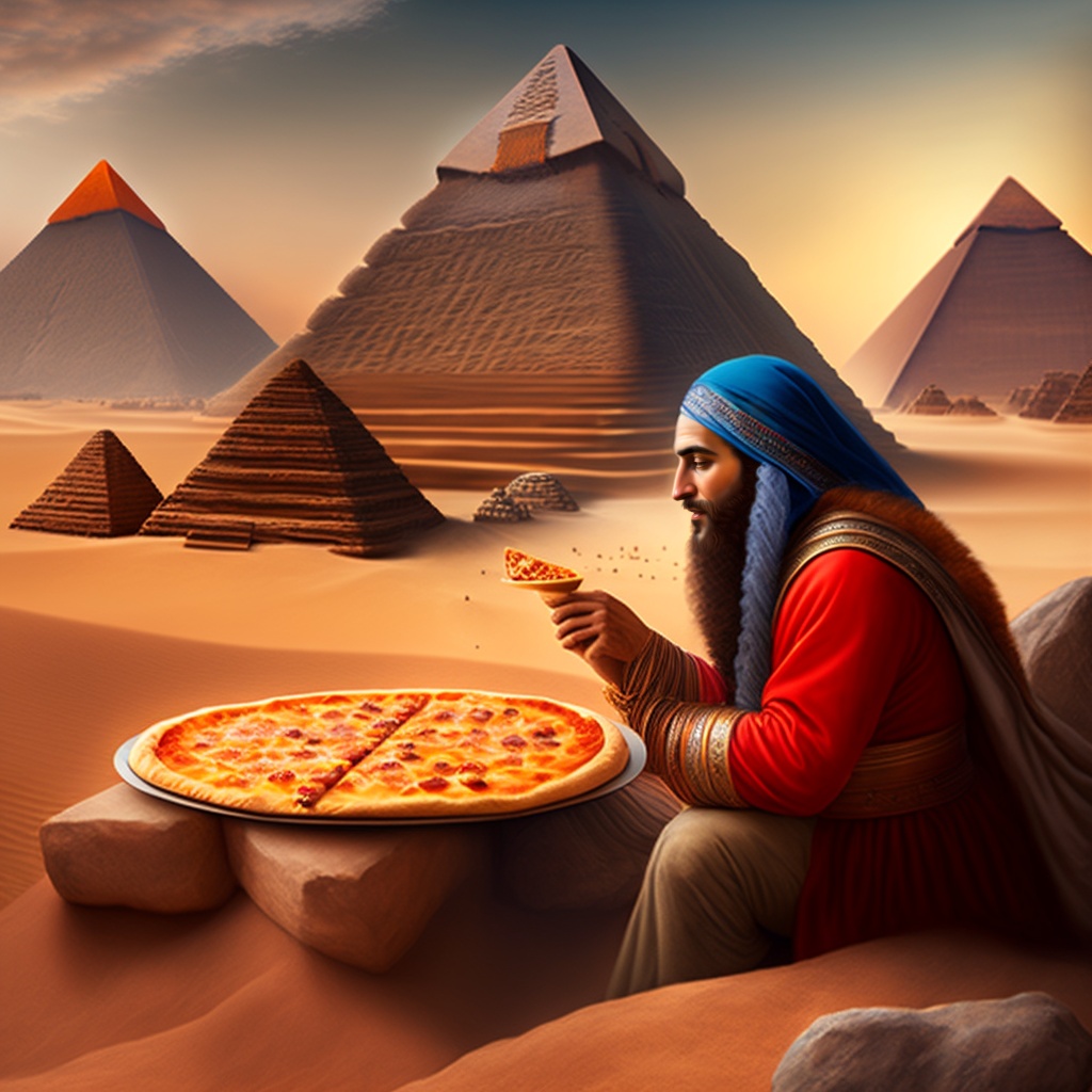 Lexica - A man eating pizza in the pyramids with the pharaohs, drawing ...