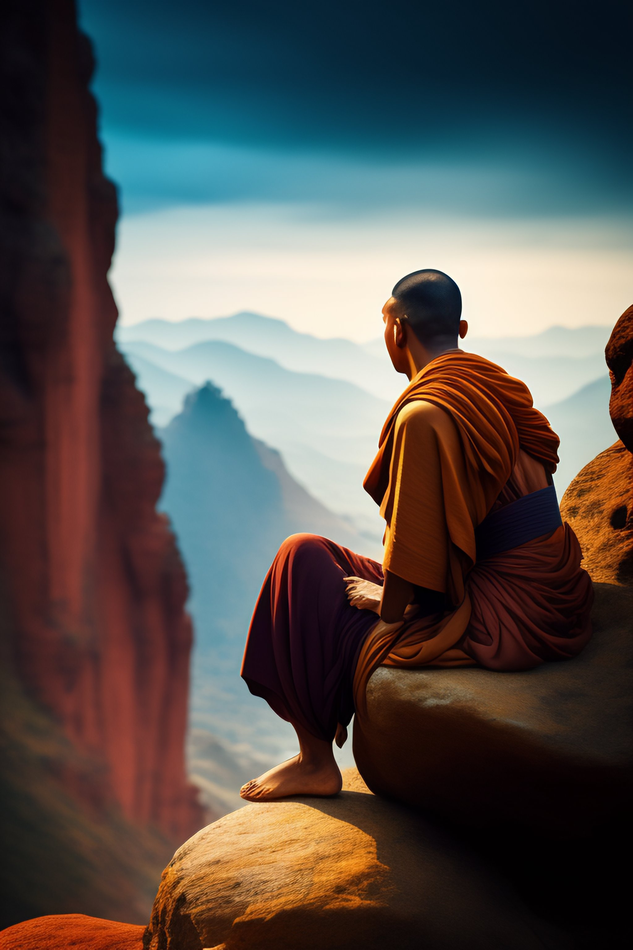 Lexica - A monk sit on a rock and look at sky full of hope