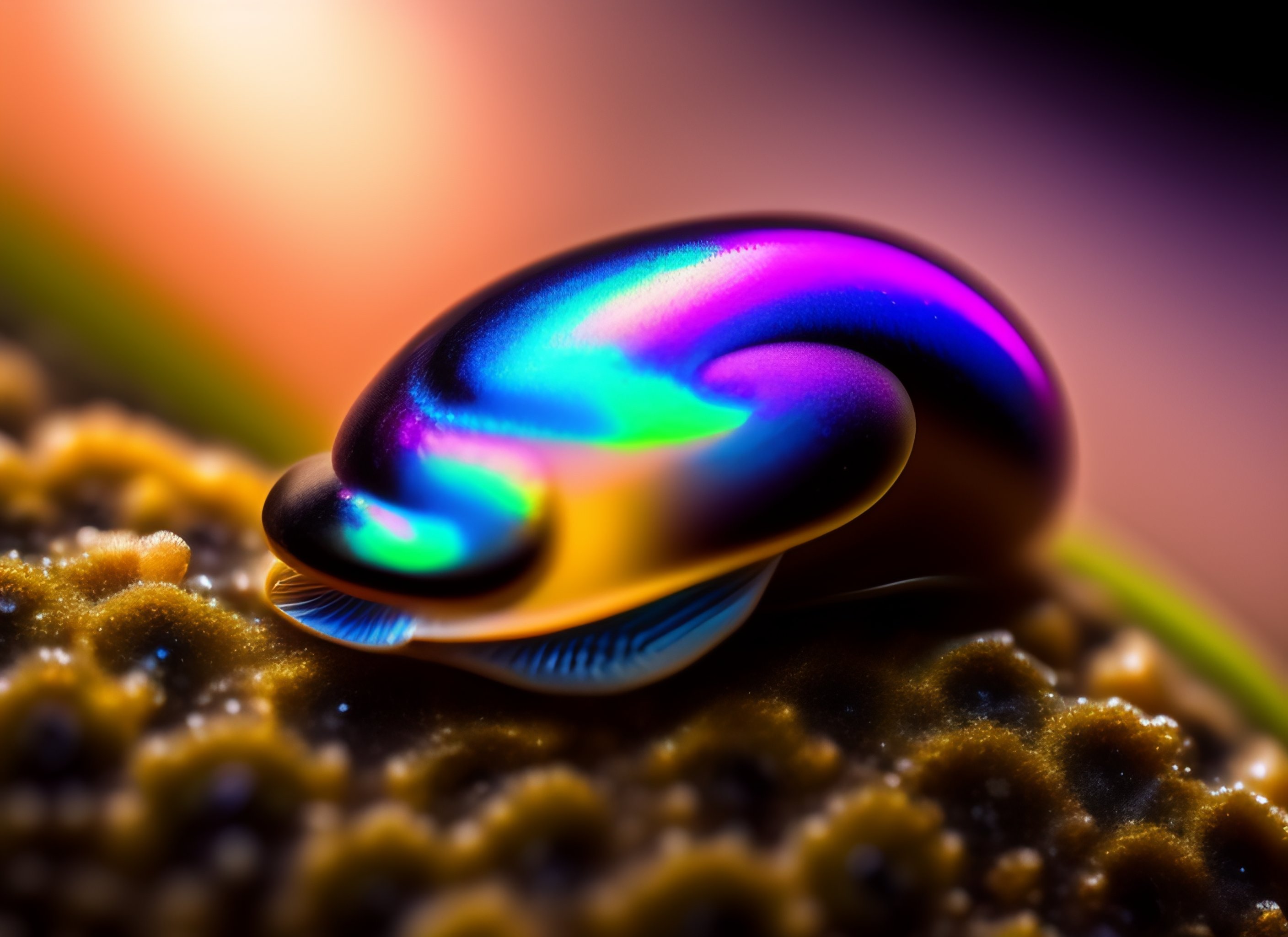 Lexica - A photograph of a glossy iridescent black snail with fuzzy ...