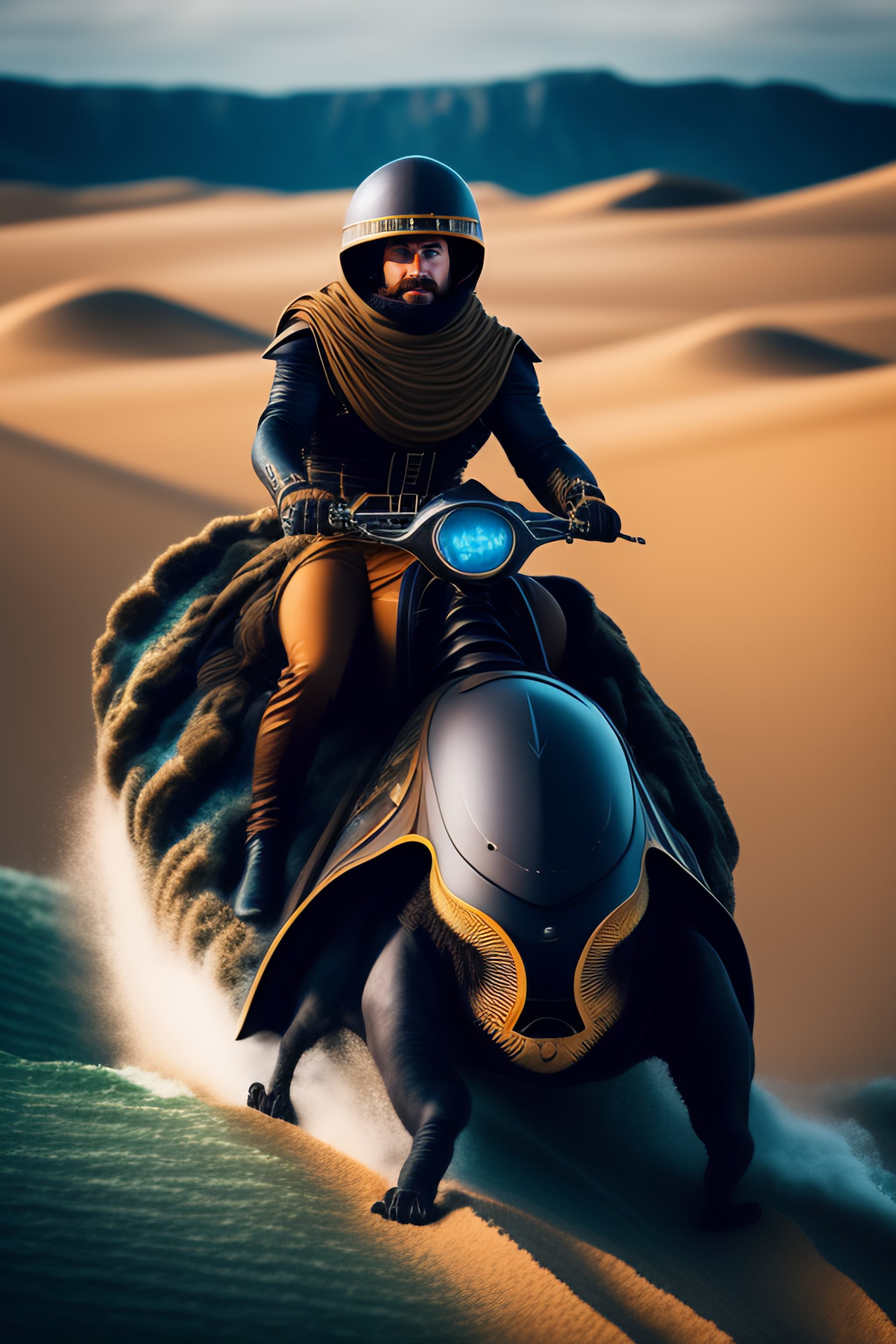 Lexica - Paul atreides riding a sandworm in the impressionist style
