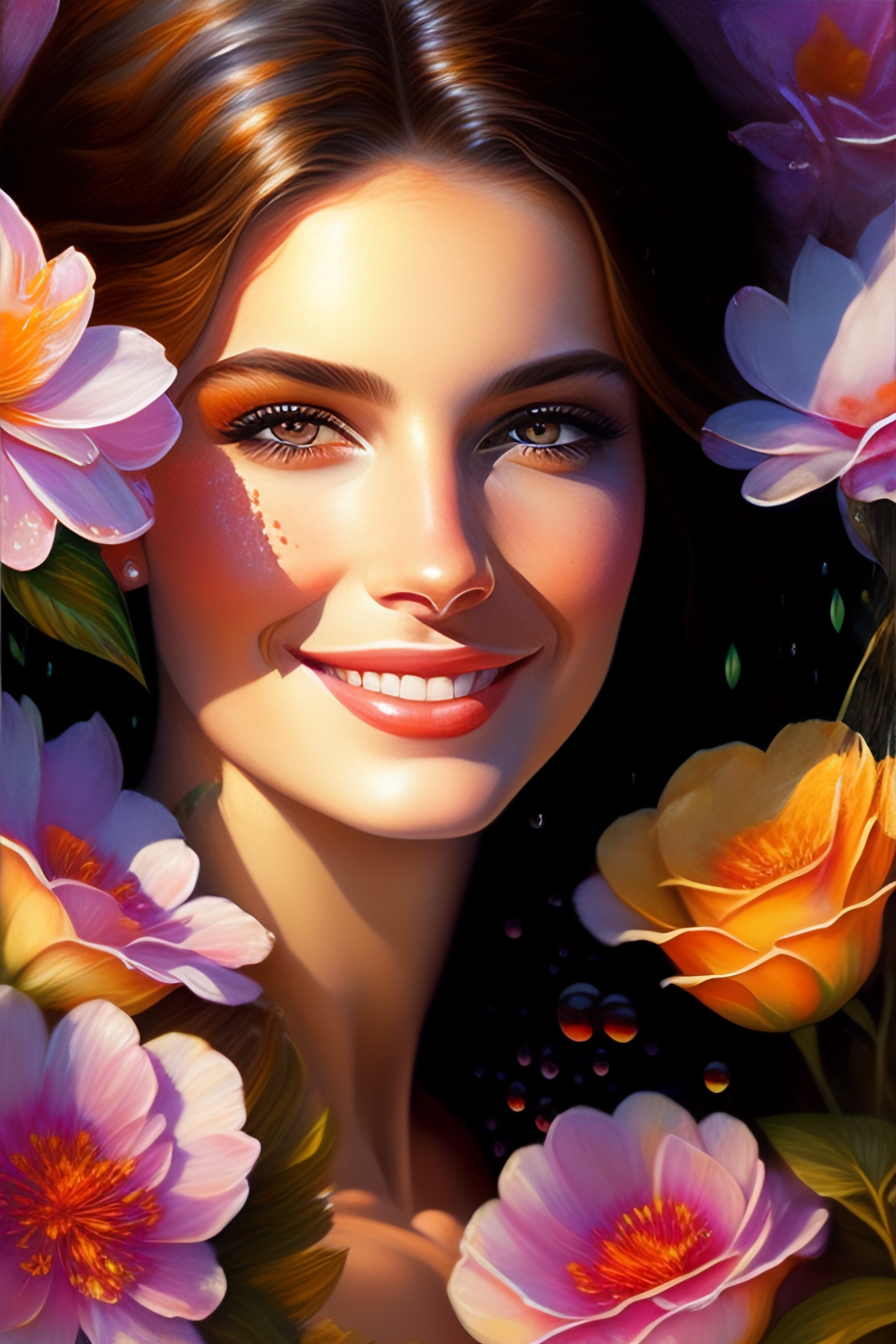 Lexica - Beautiful woman with smile appearing from colorful flowers ...