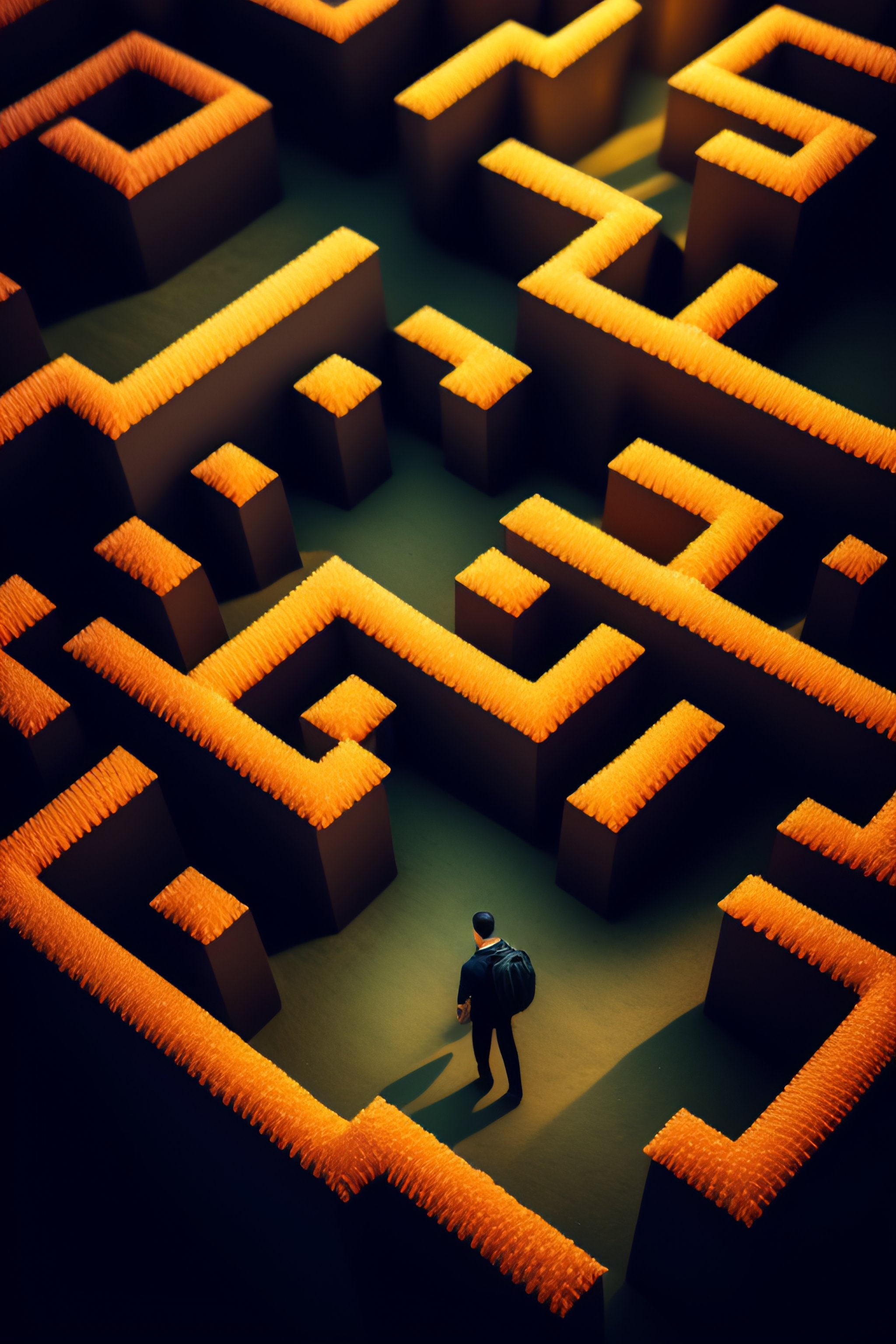 Lexica - A bird eye view image of someone lost in a big dark, and scary ...