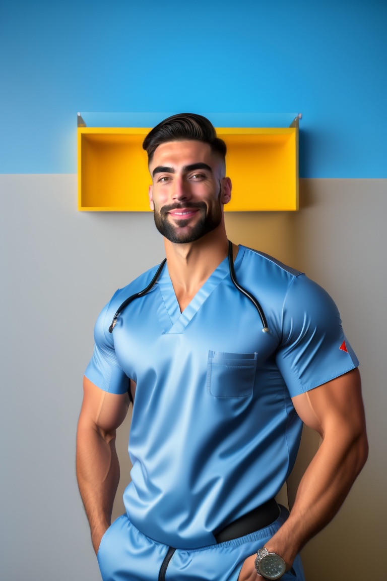 Lexica - A male doctor with an athletic physique, donning blue scrubs ...