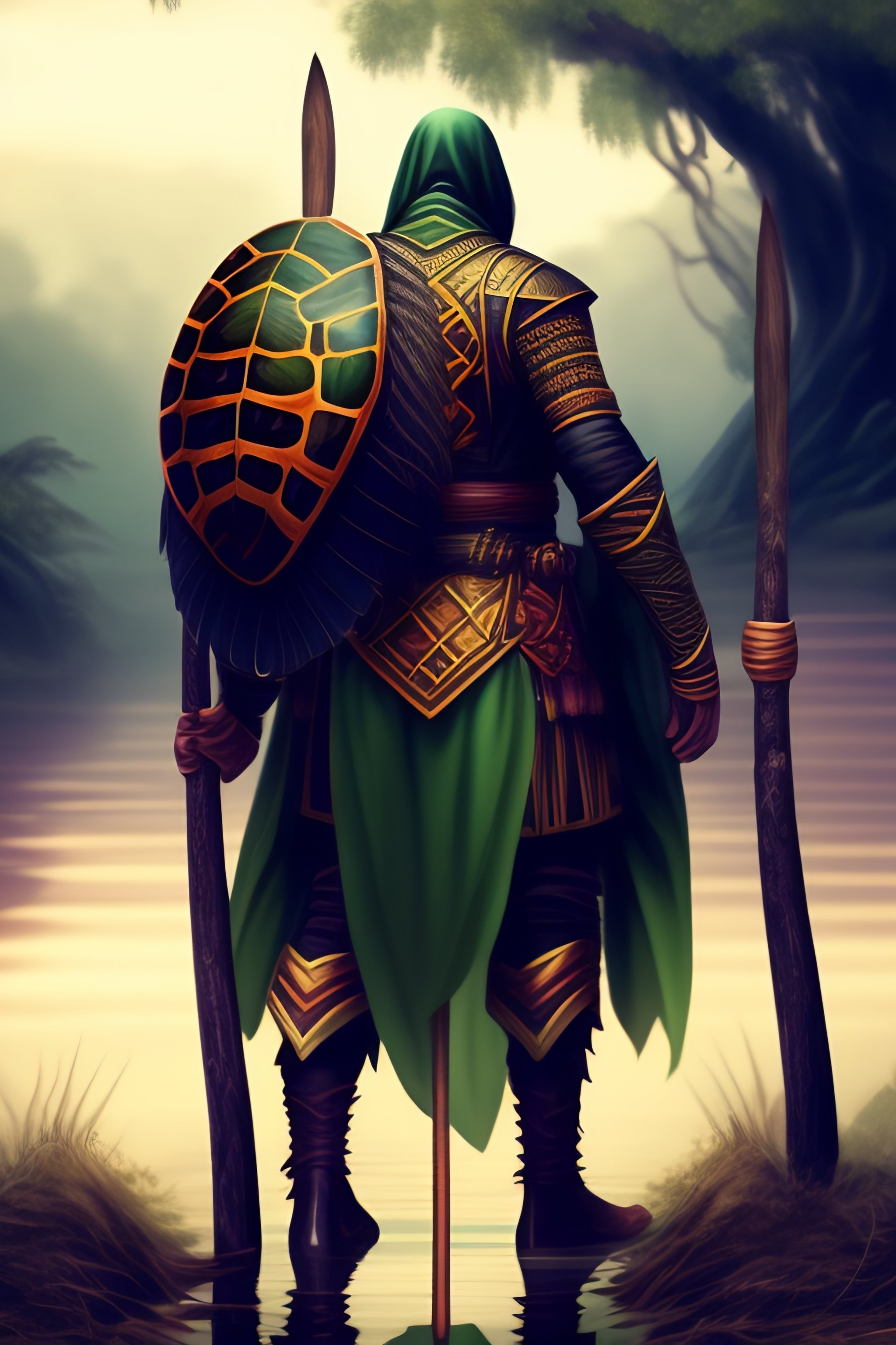 Lexica - Turtle-man creature standing in a swamp, wearing a tribal ...