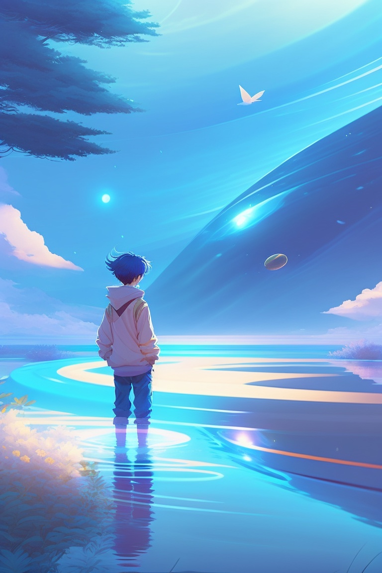 Lexica - Anime boy walking on water, ripples, backdrop of dawn, saturn ...