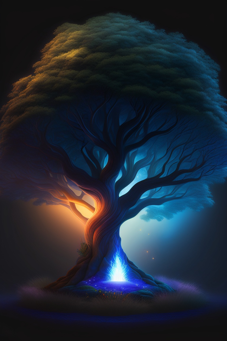 Lexica - A huge ancient magical tree with a blue fire at the center of ...