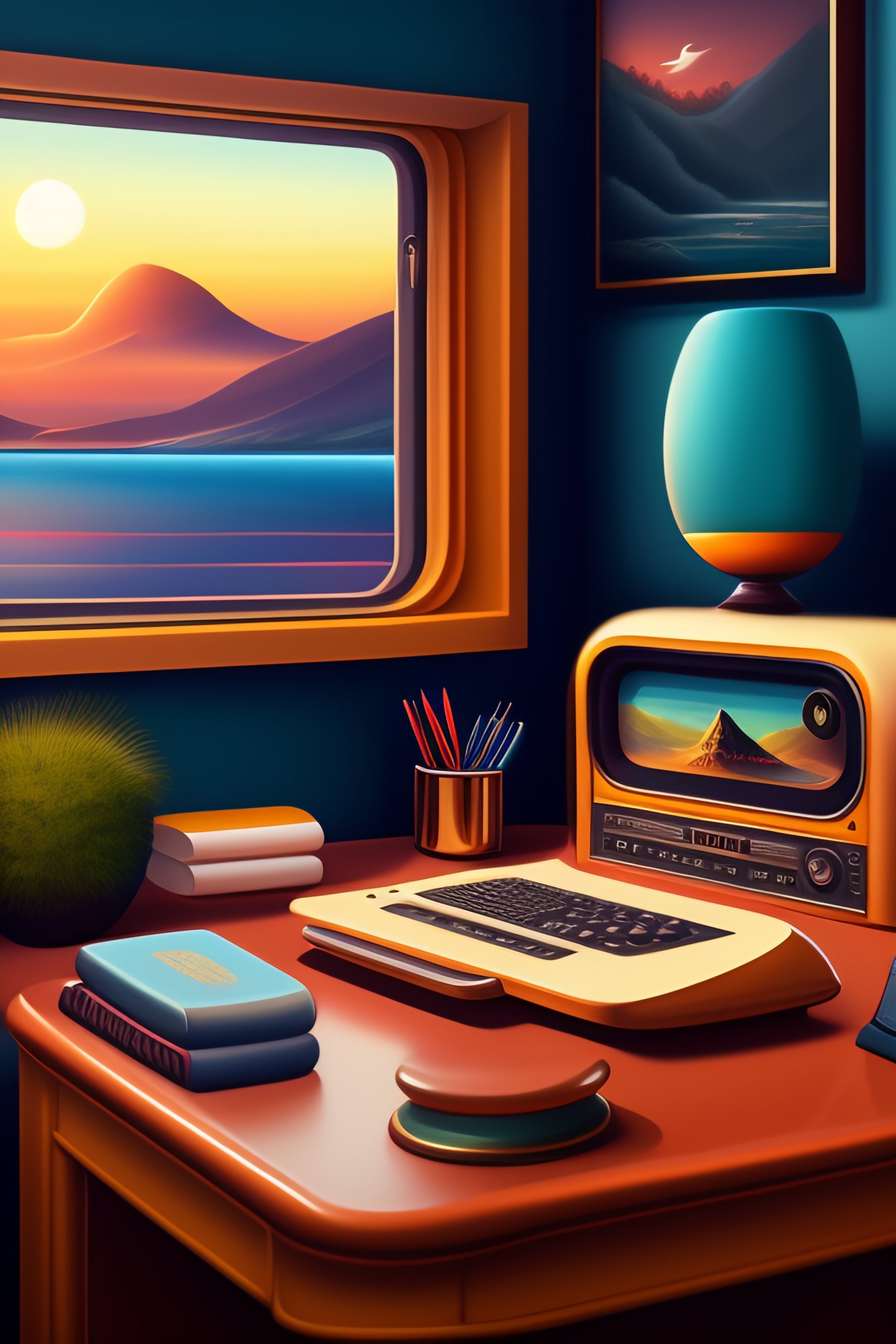 Lexica - Beautiful award winning retro painting, desk work, shop ...